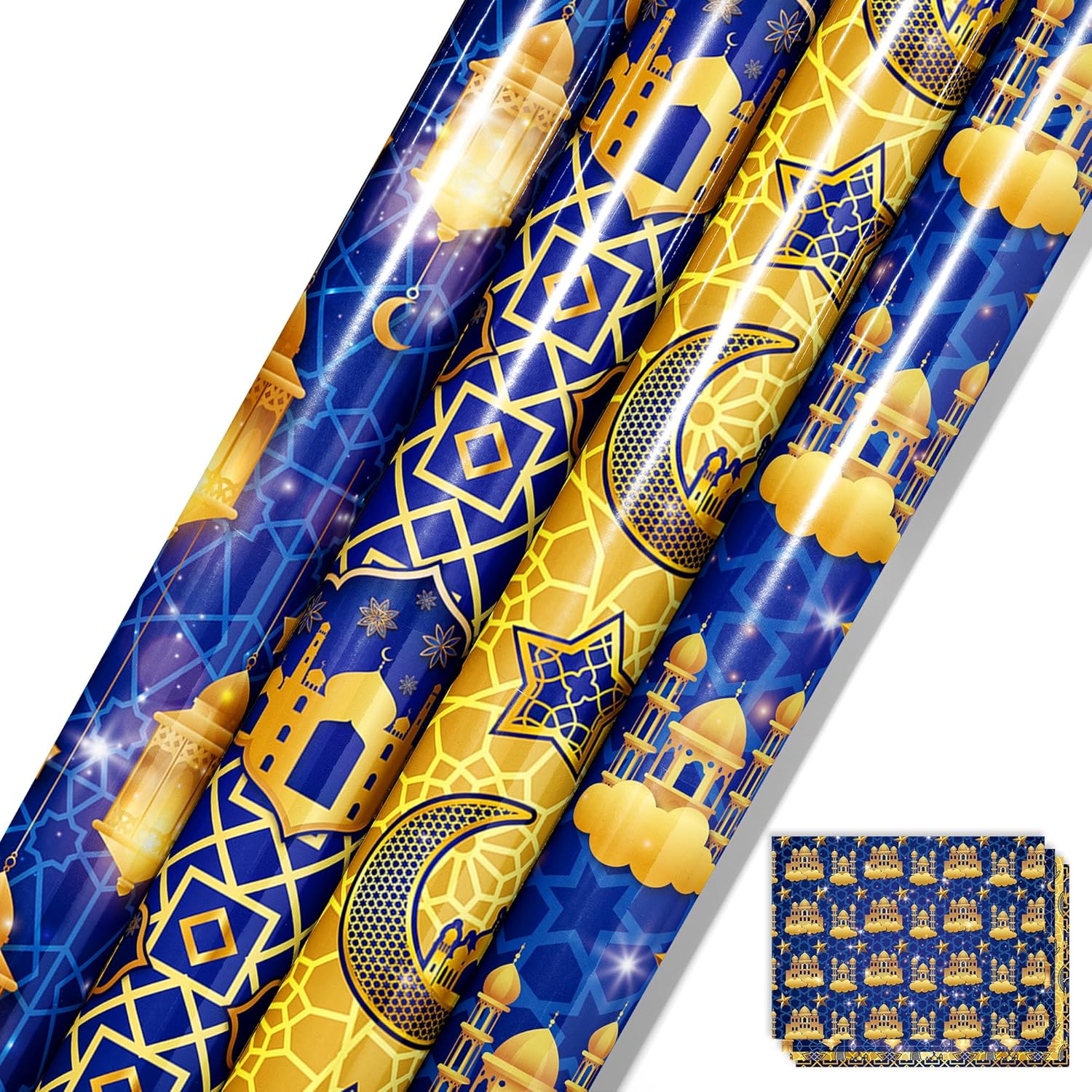 Amazon.com: 12 Sheets Ramadan Mubarak Wrapping Paper Blue and Gold ...