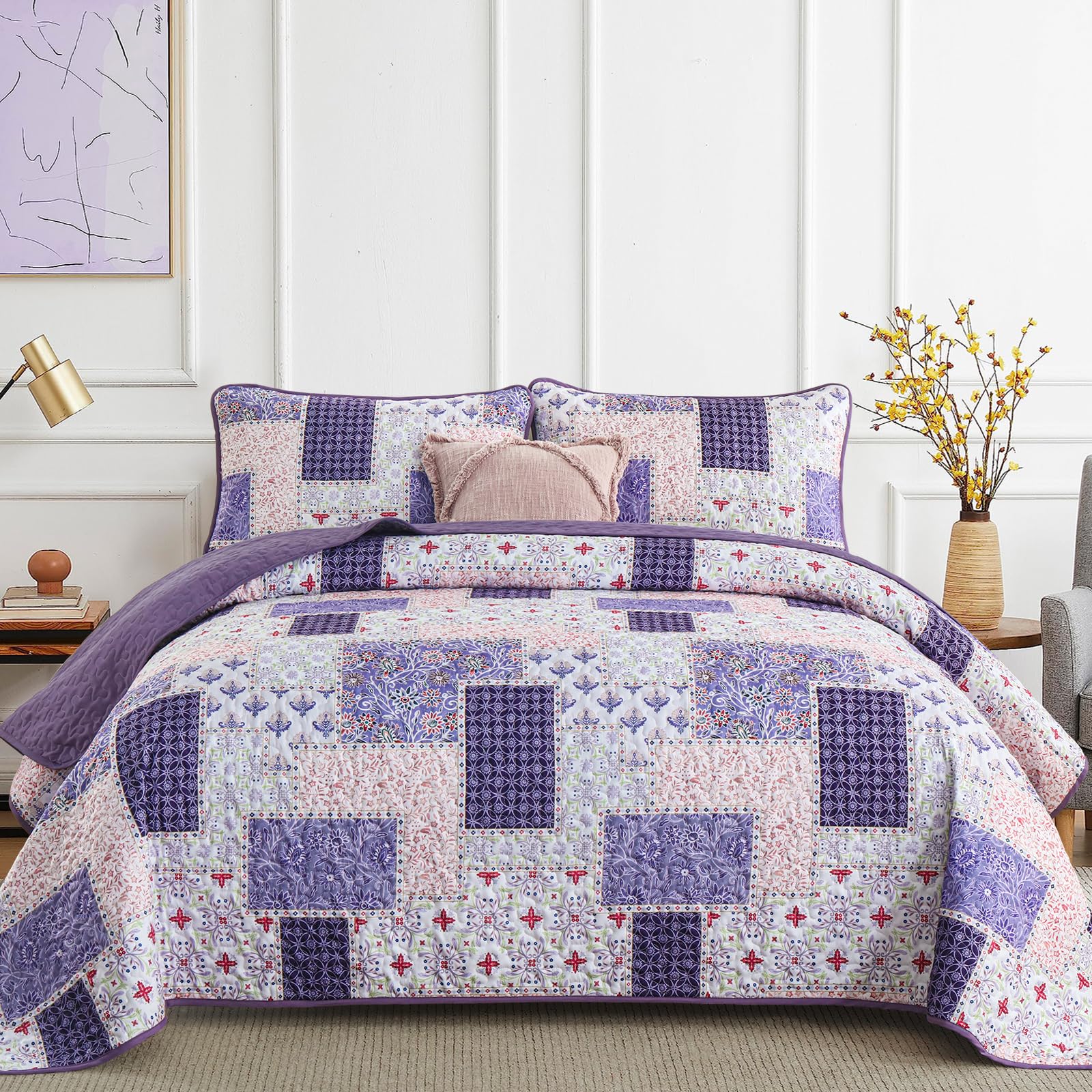 Amazon.com: Xruibed Patchwork Quilt Set King Size 3 Pieces Plaid Floral ...