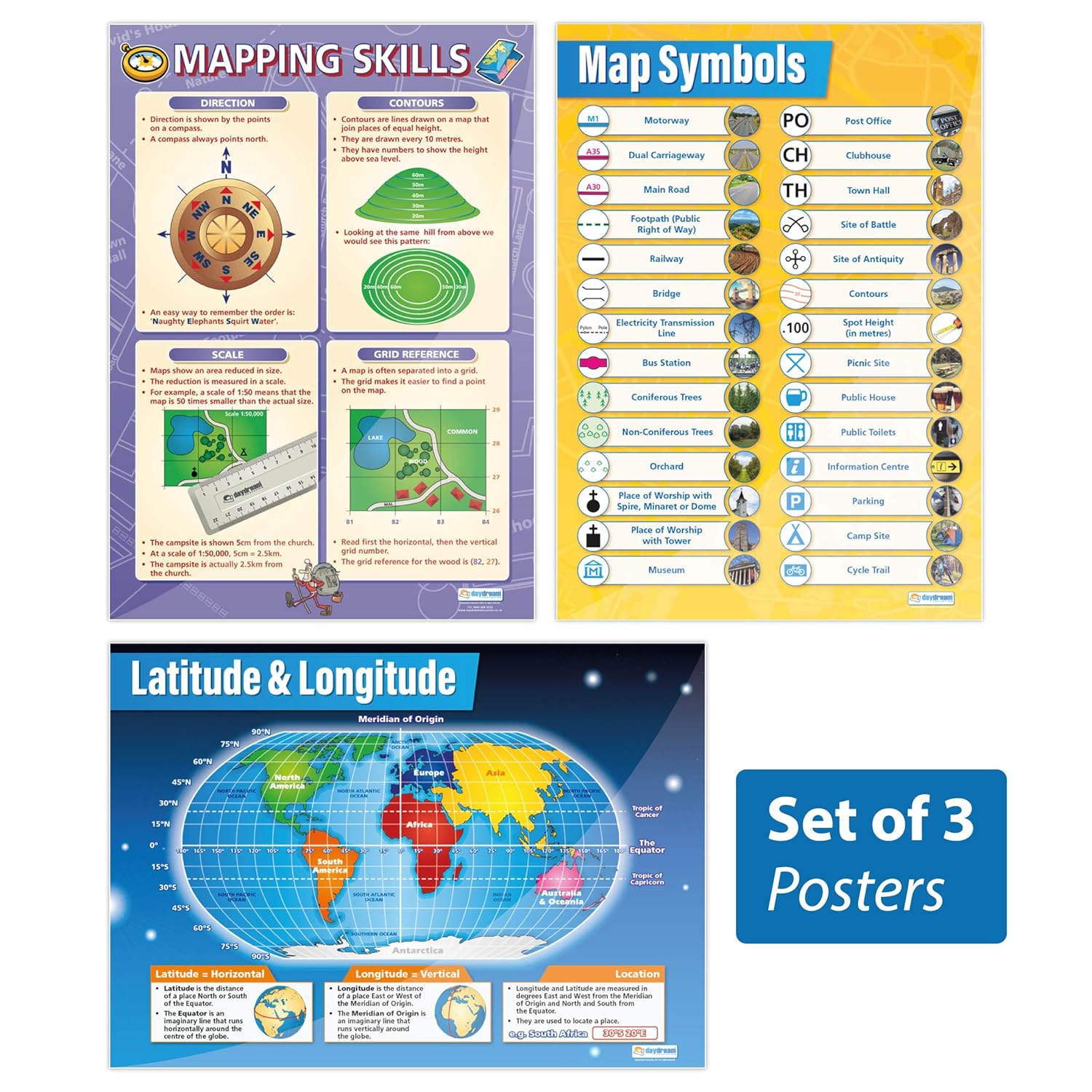 Mapping Skills Posters - Set of 3 | Geography Posters | Laminated Gloss ...