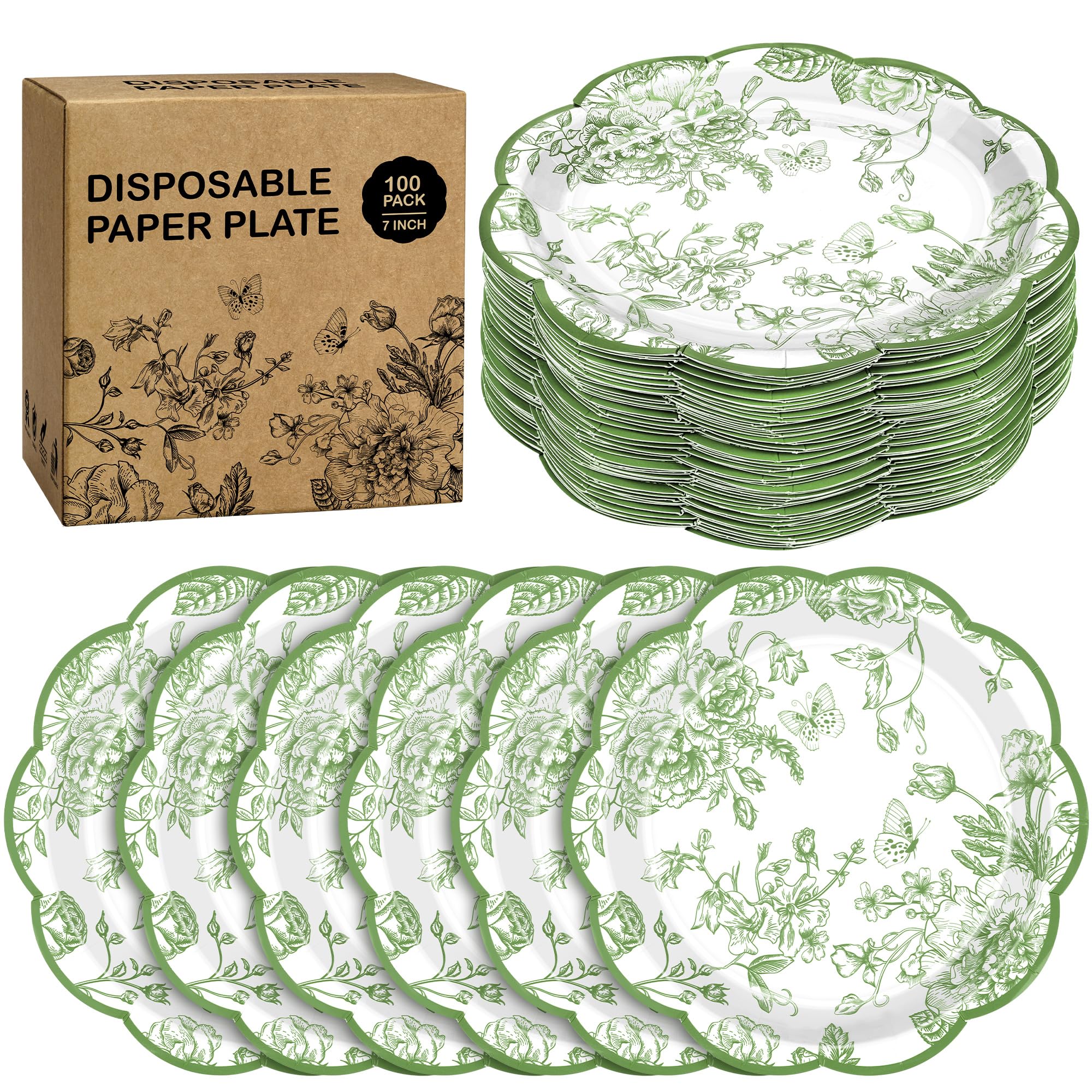Amazon.com: Kochorie 100 Pieces Sage Green Flower Paper Plates 7 Inches ...