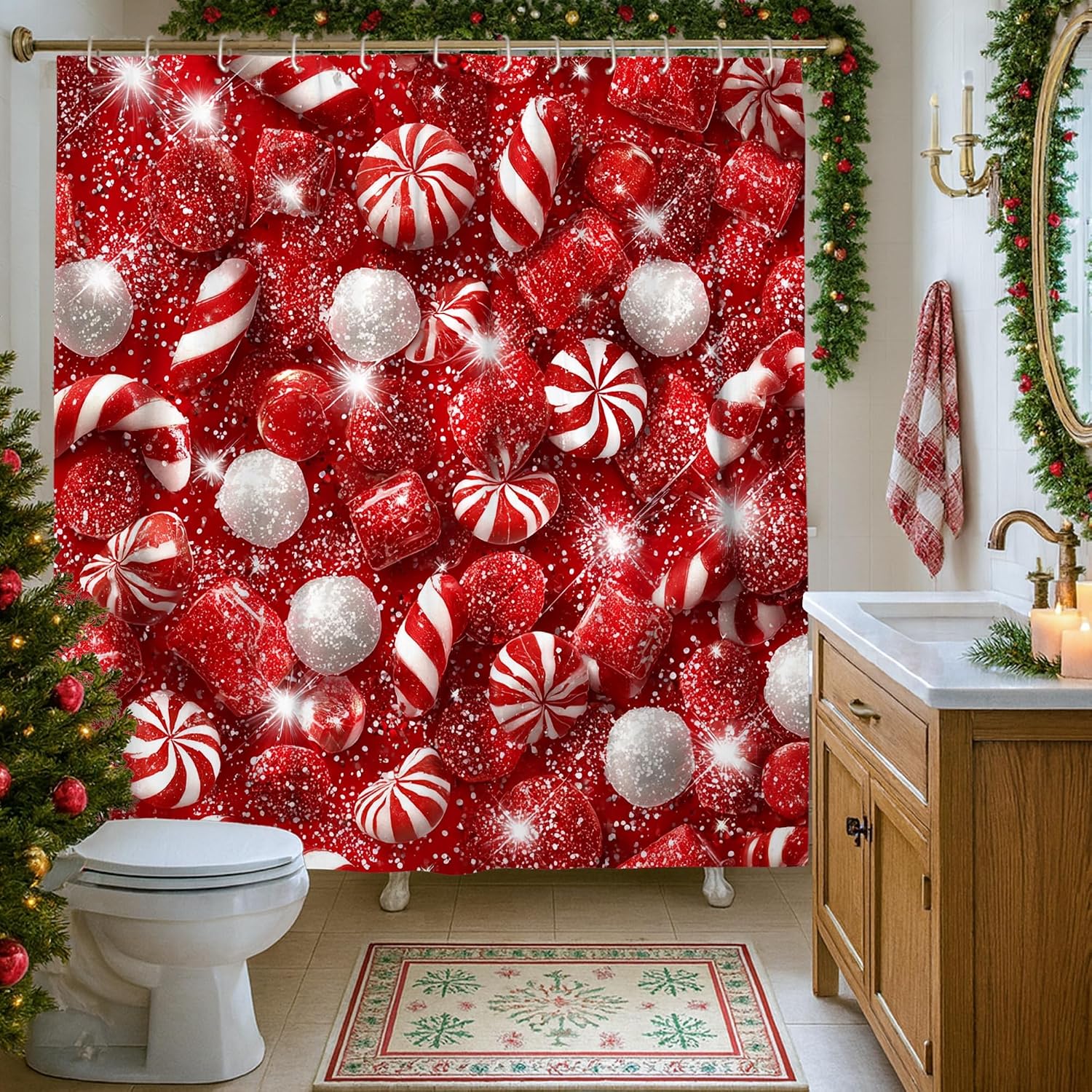 Amazon.com: Candy Shower Curtain, Christmas Festive Peppermint Xmas ...