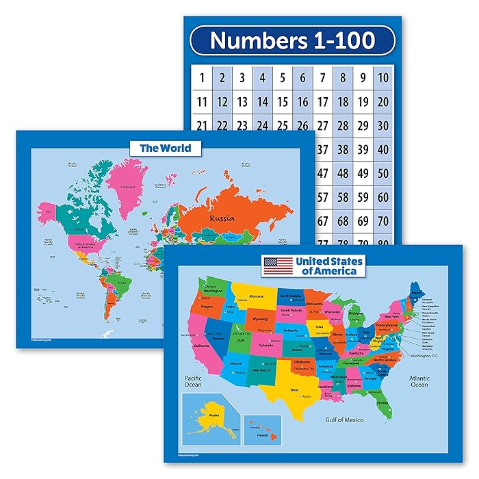 Buy 3 Pack - USA & World Map for Kids + Numbers 1-100 Poster Set ...