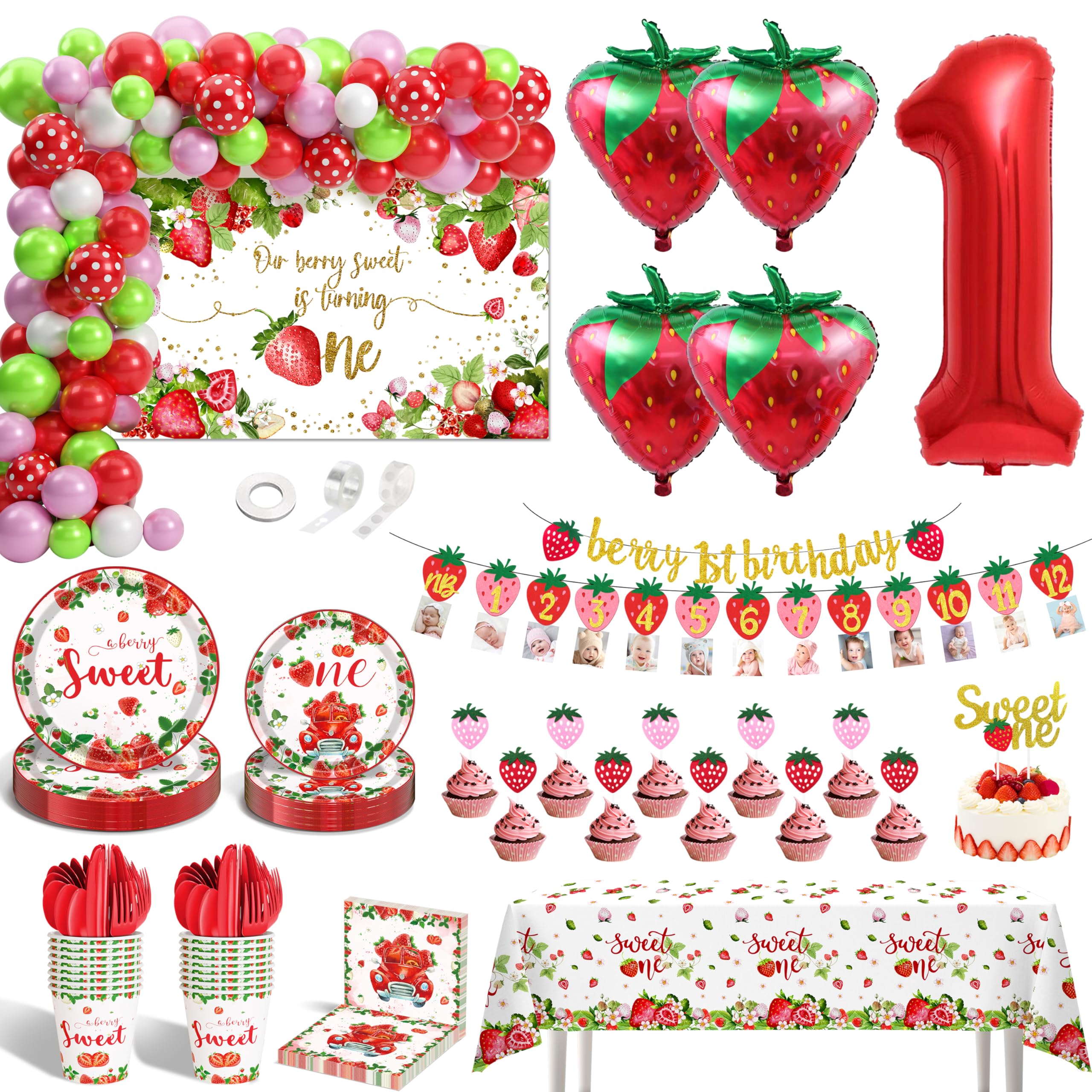 Amazon.com: 180Pcs Strawberry 1st Birthday Decorations Party Supplies ...