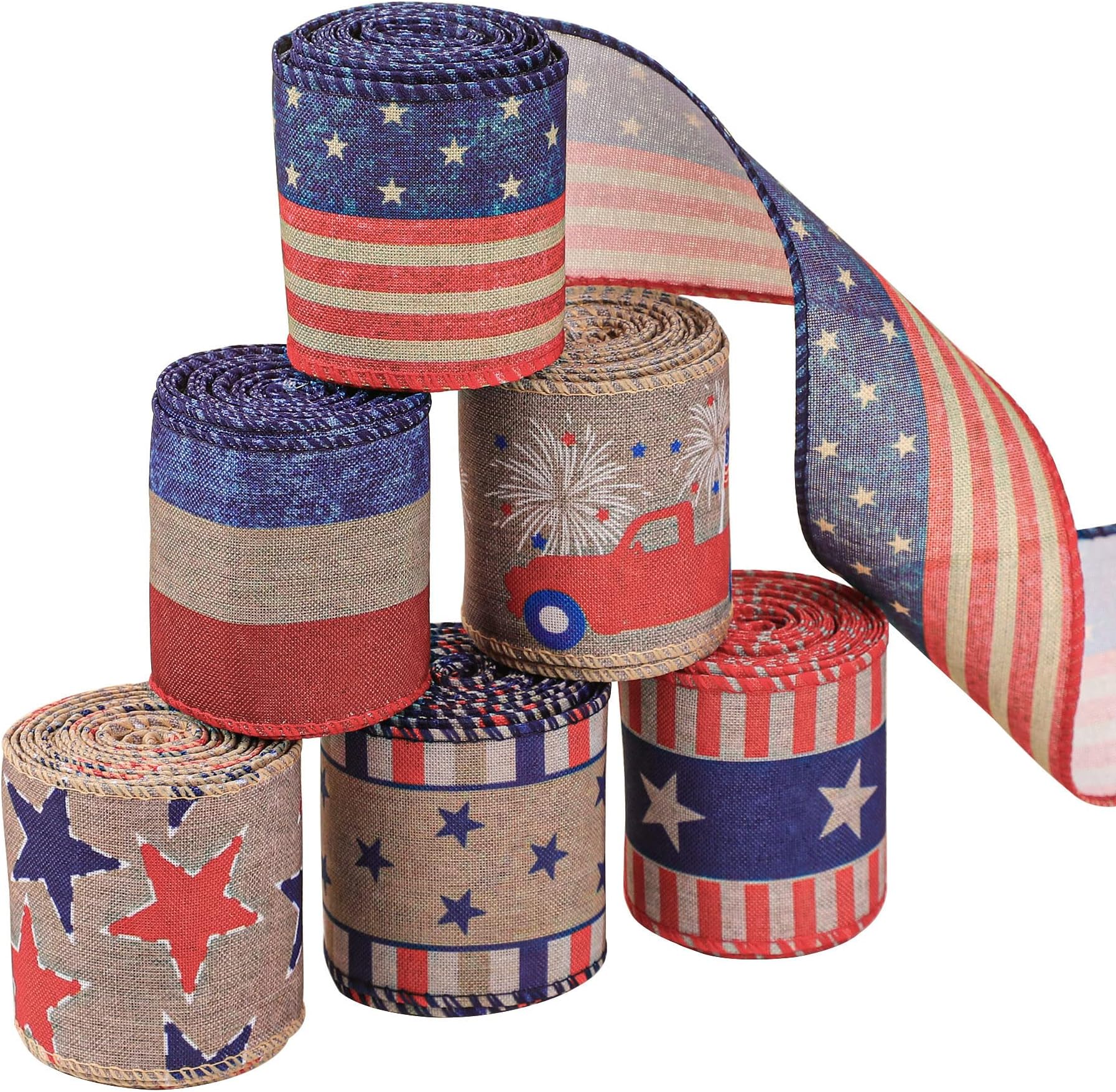 Amazon.com: 6 Rolls Patriotic Ribbon Wired 4th of July Burlap Ribbon 2. ...