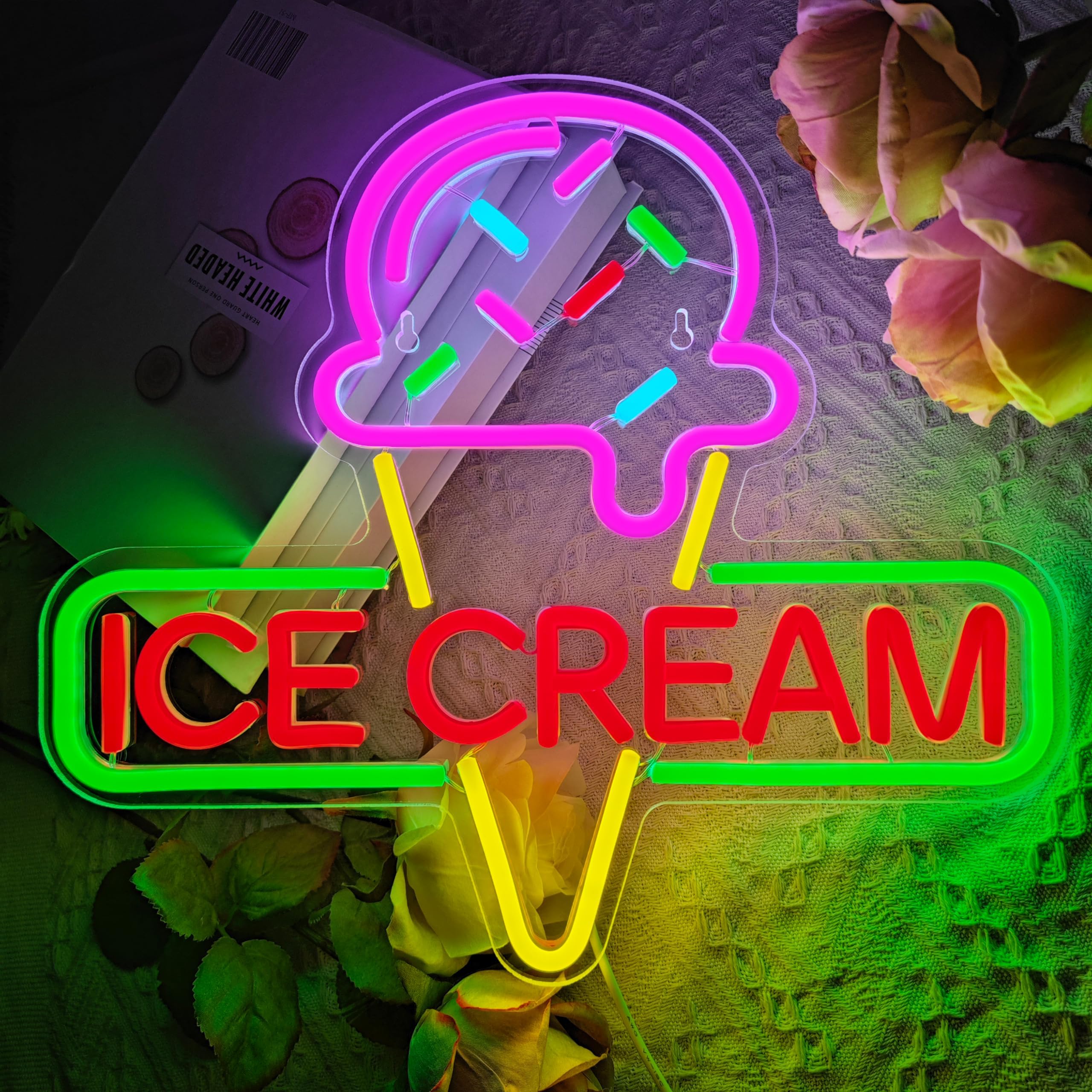 Amazon.com: Large Open Ice Cream Cone Yogurt Signs Led Neon Business ...
