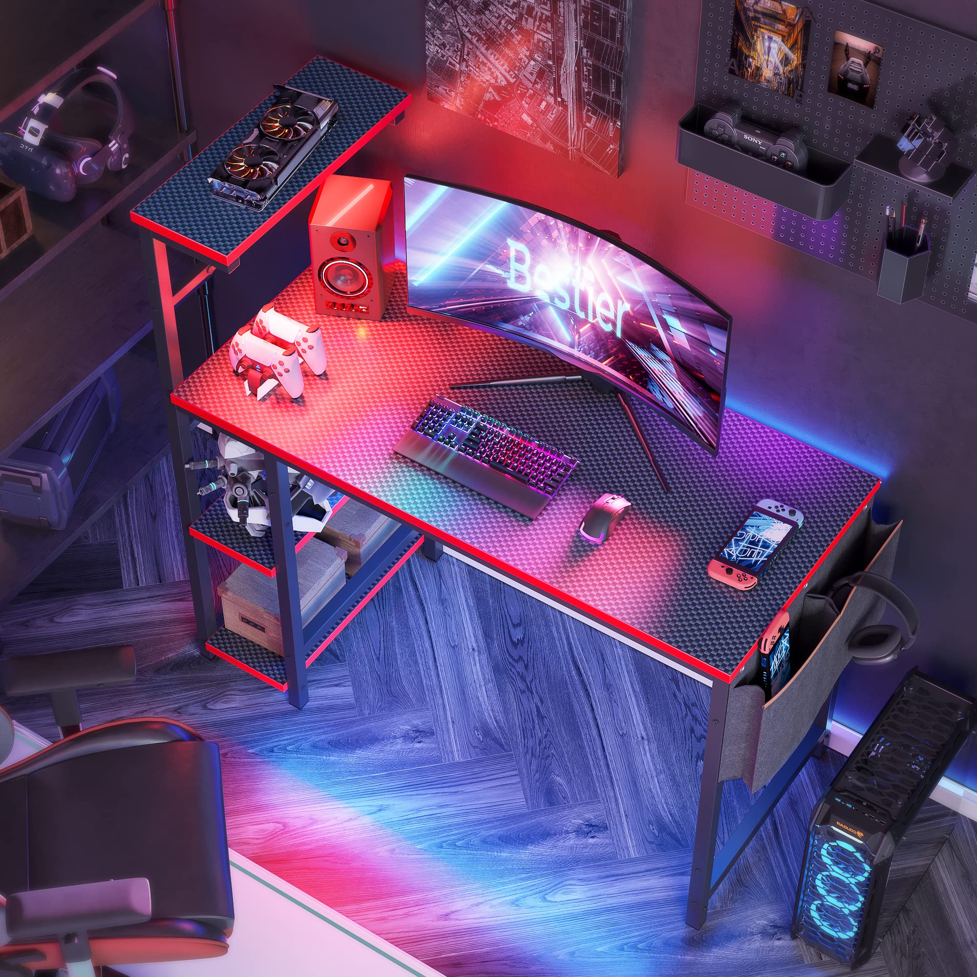 Bestier Gaming Desk with LED Lights, Computer Desk with 4 Tiers Shelves ...