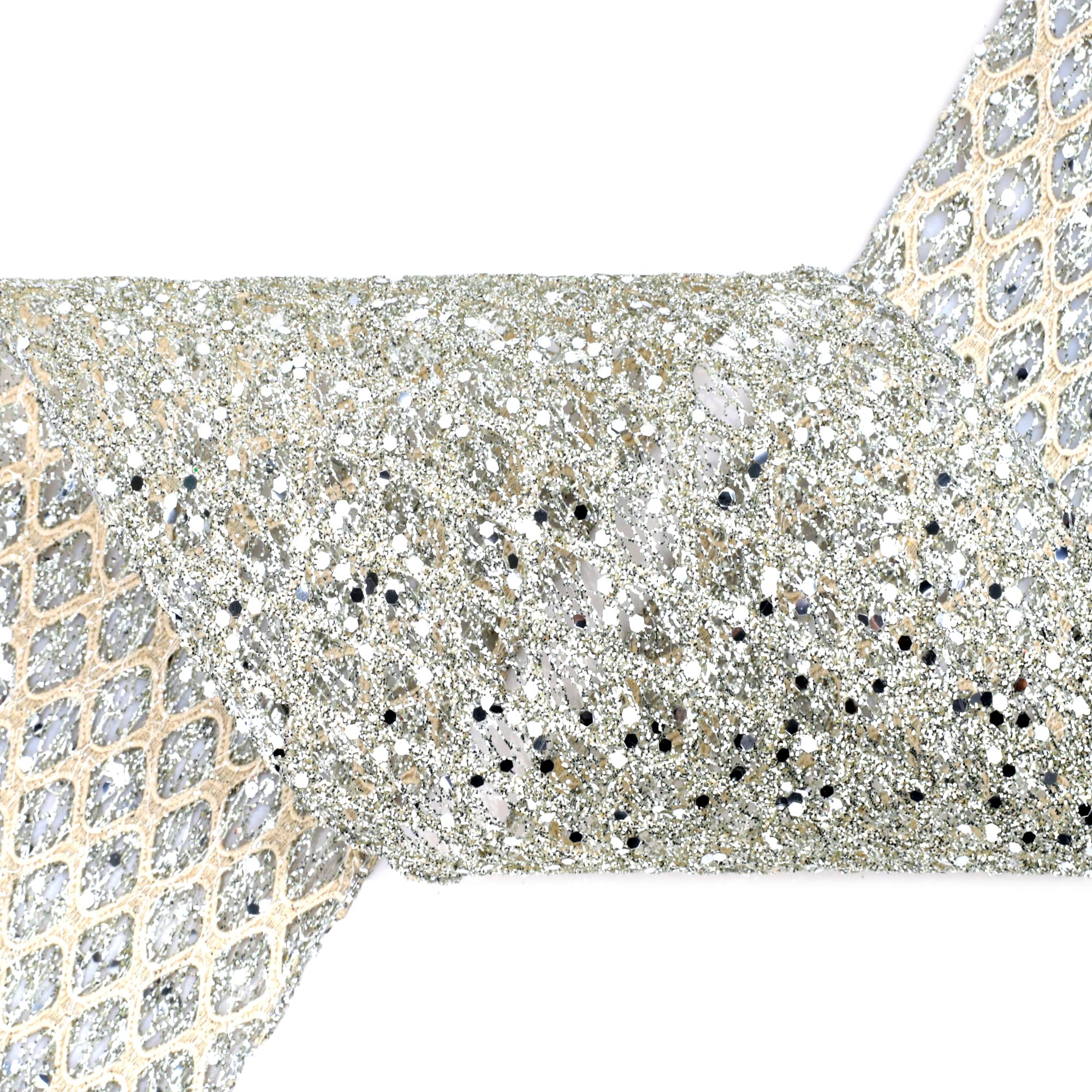 Snapklik.com : 6" Champagne Christmas Ribbon, Silver Glitter Mesh ...