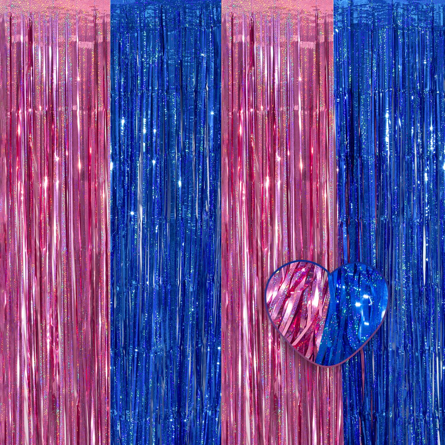 4Packs 2Pink and 2Dark Blue Twinkle Gold Foil Fringe Curtains, 3.2 ft x ...