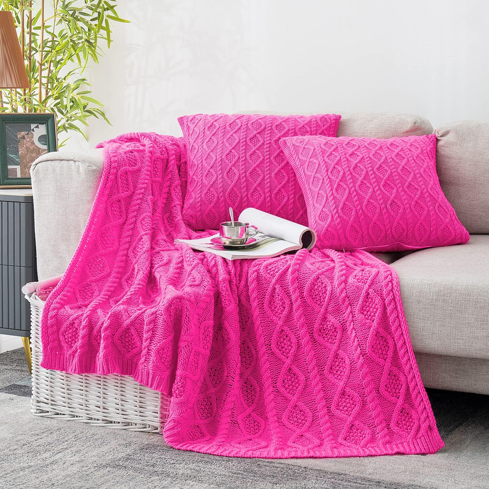 Amazon.com: Homiest Cable Knit Throw Blanket and Pillow Set, Hot Pink ...