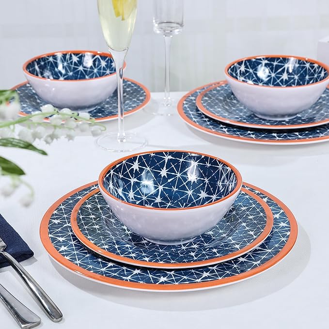 Amazon.com | Melamine Plates and Bowls Set, 12pcs Blue Dinnerware Sets ...