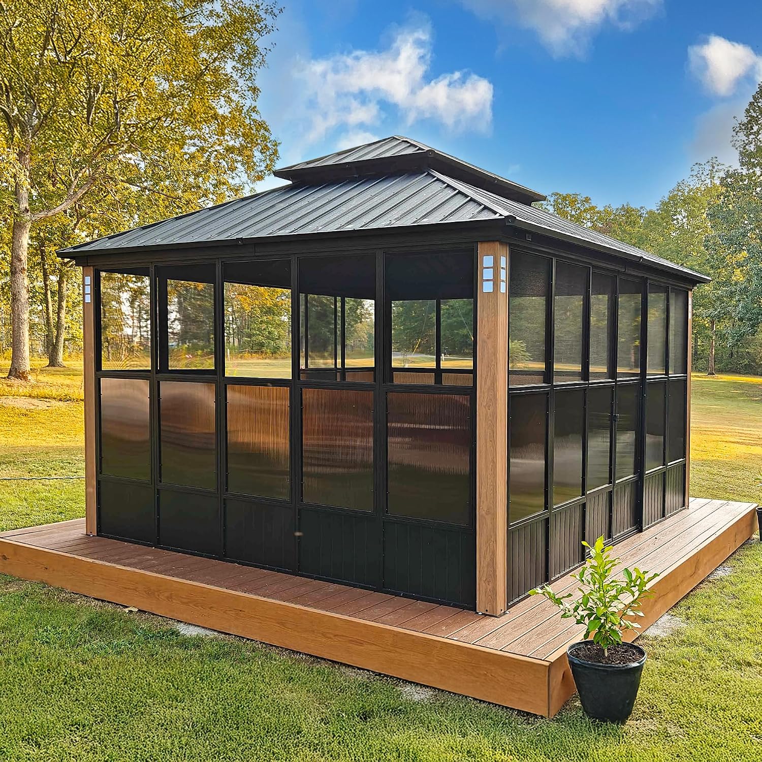 PURPLE LEAF 12' X 14' Sunroom Patio Hardtop Gazebo Double Top ...