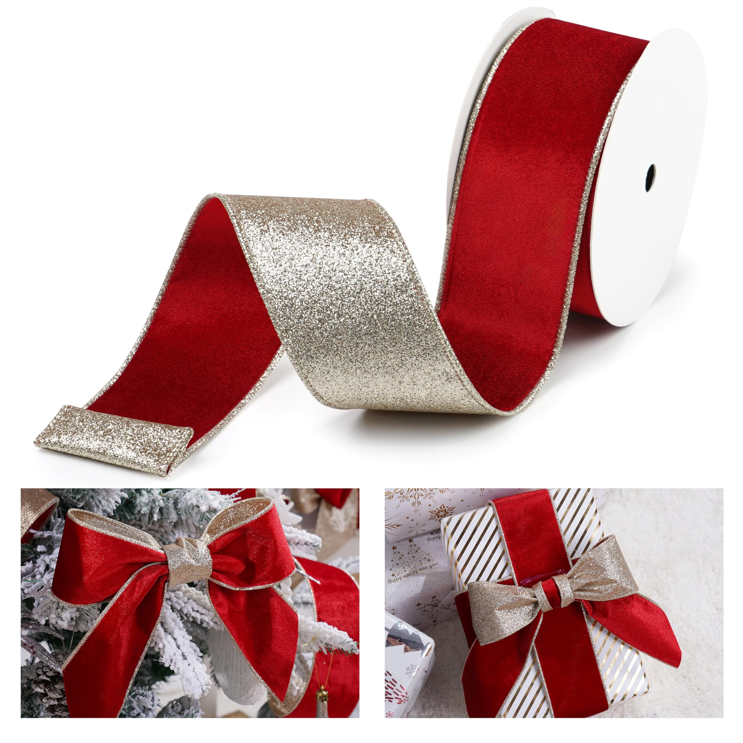 Amazon.com: LIZLOVESS Red Velvet Wired Ribbon with Glitter Back 2.5 ...