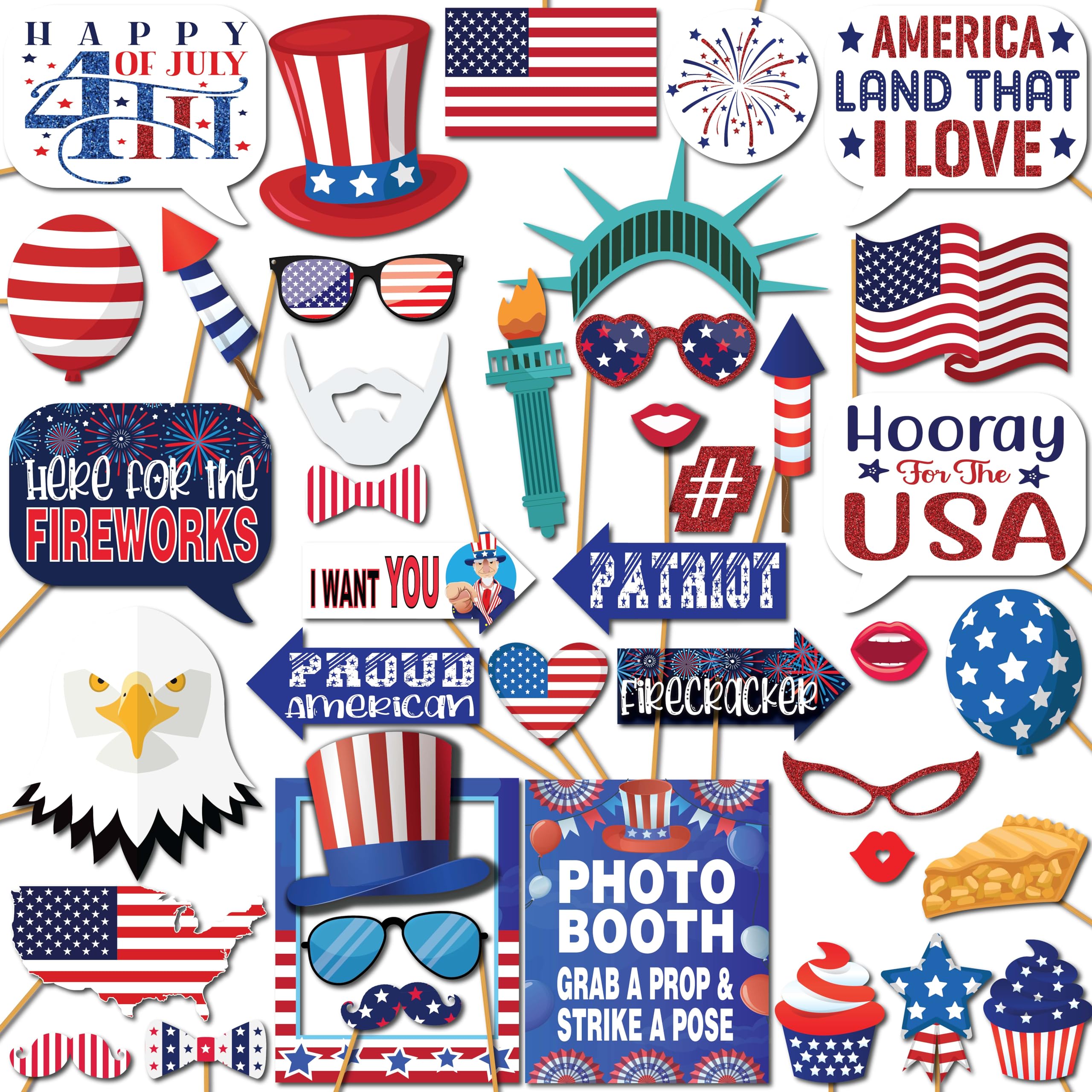 Amazon.com: 4th of July Photo Booth Props - 41-pc Photobooth Kit with 8 ...