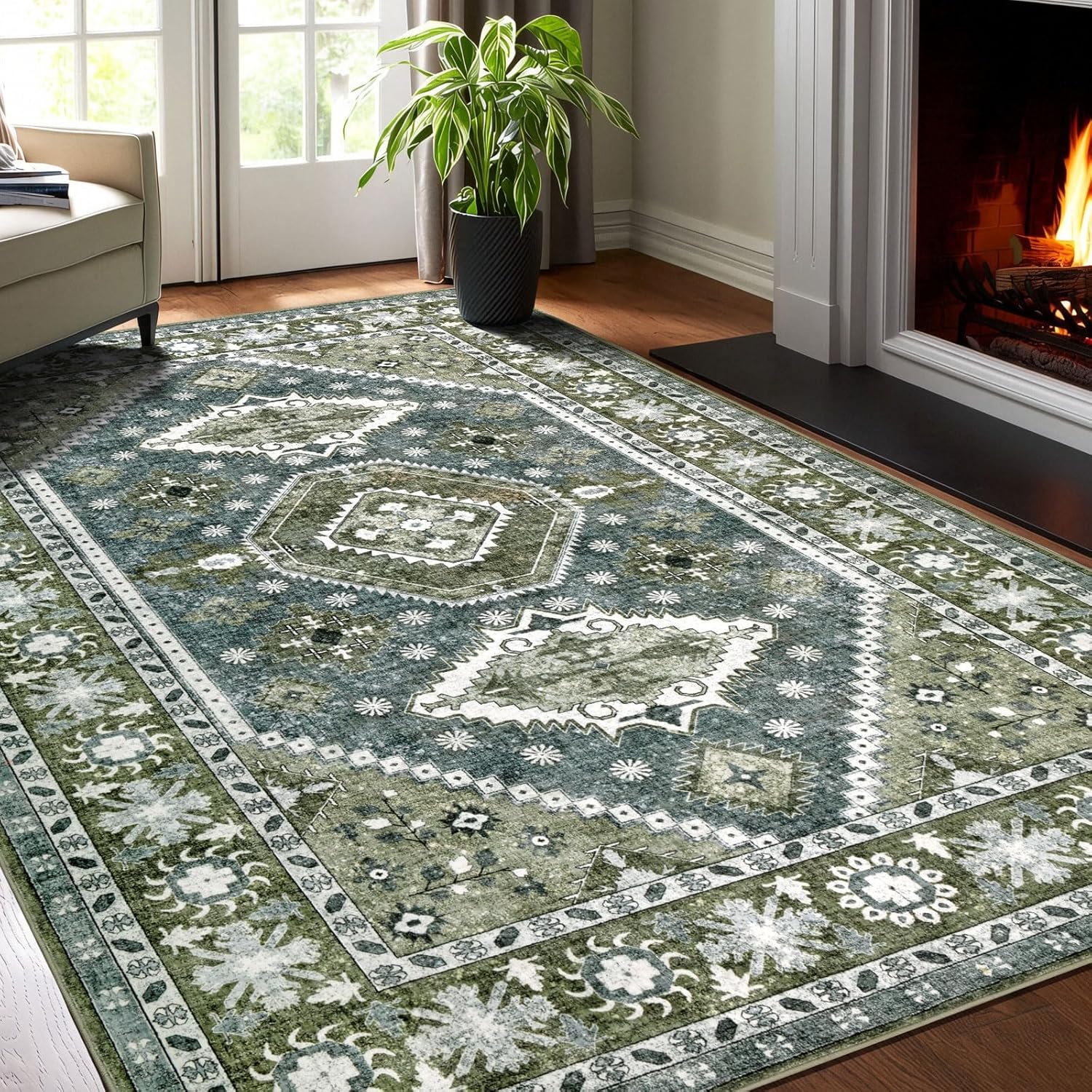 Amazon.com: Rofee Living Washable Boho Area Rug 4x6,Dark Green Blue ...