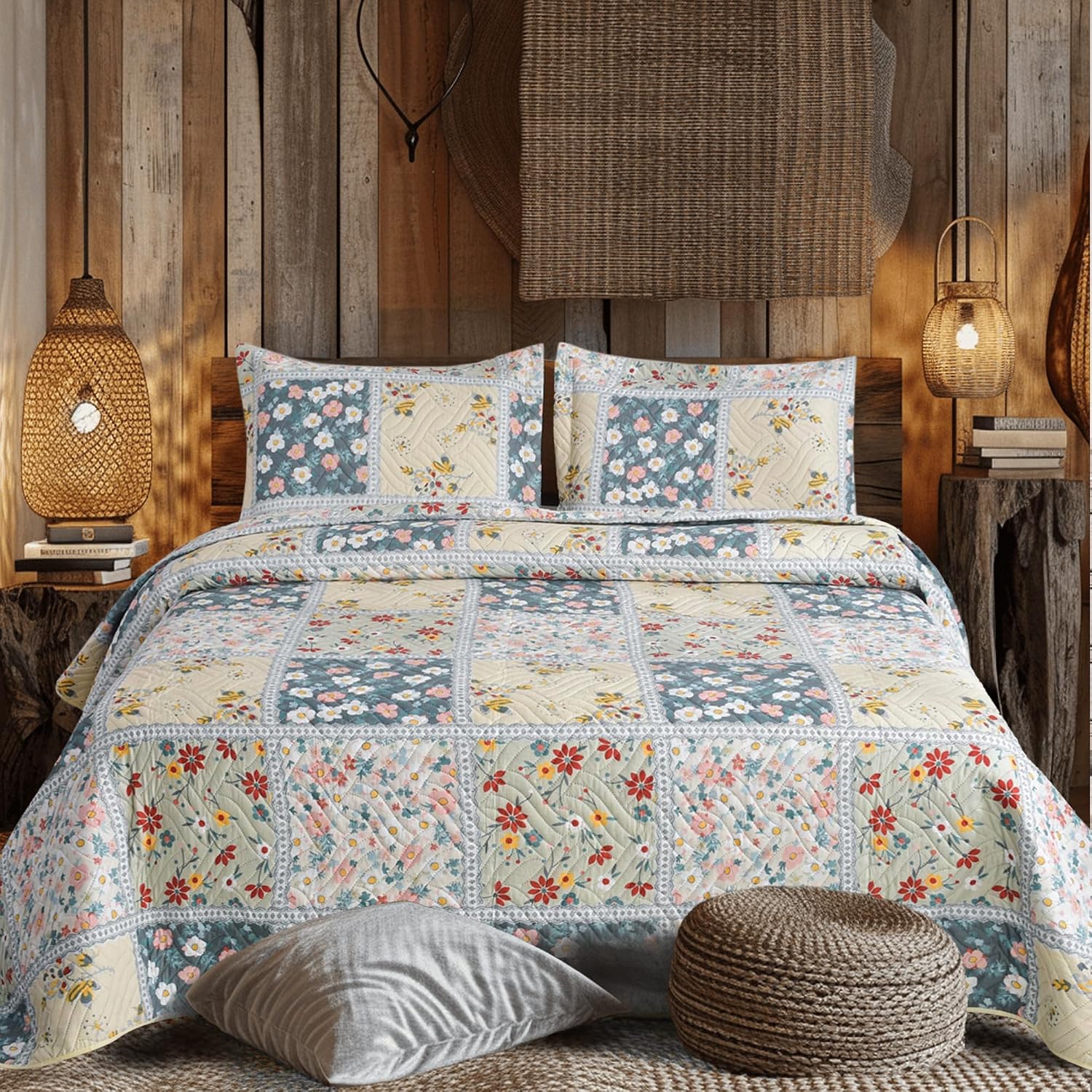 Hadi London 3Pcs Patchwork Quilted Bedspreads with 2 Shams | Reversible ...