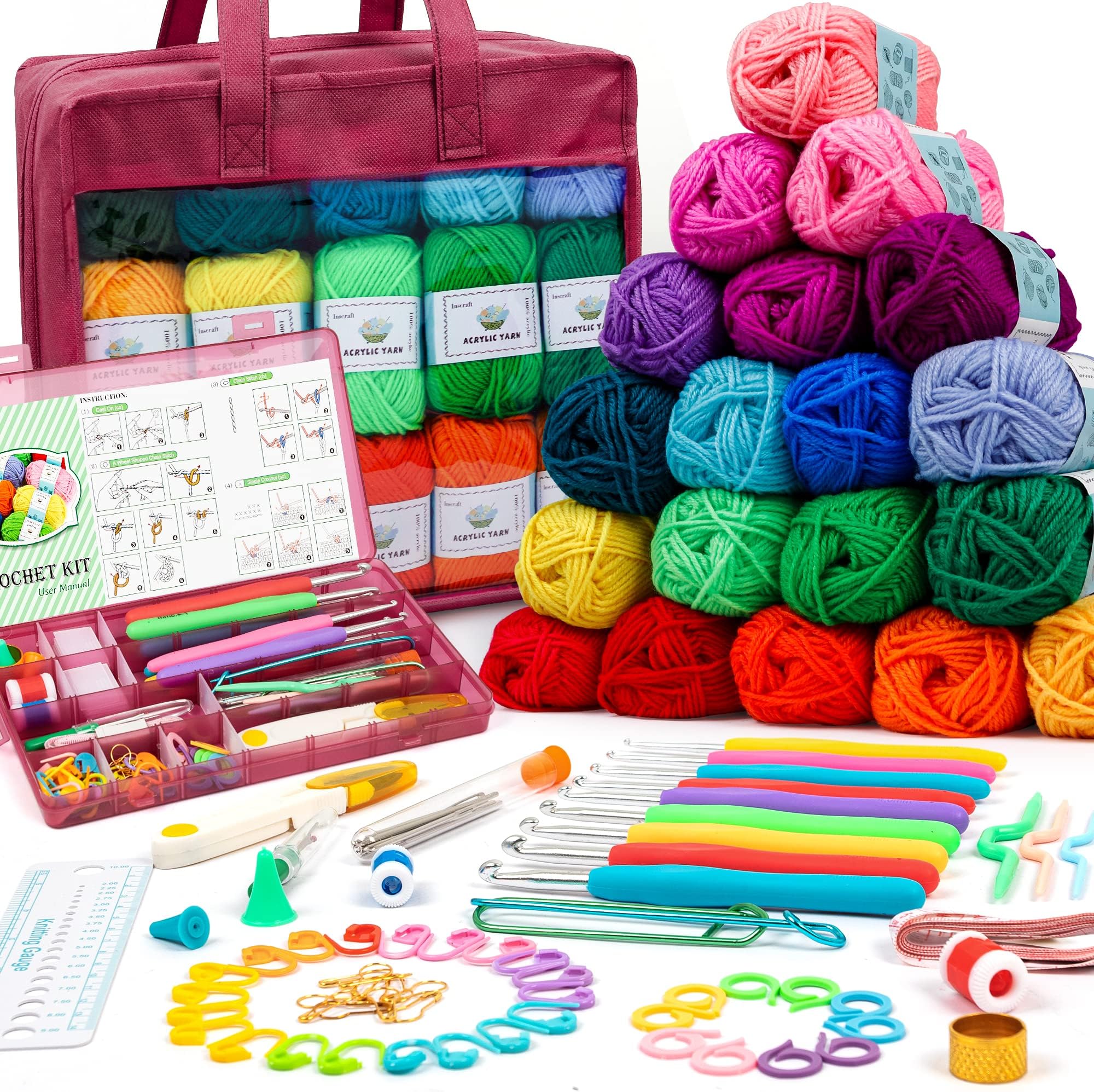 Inscraft Crochet Yarn Kit for Beginners Adults and Kids, Includes 1650 ...
