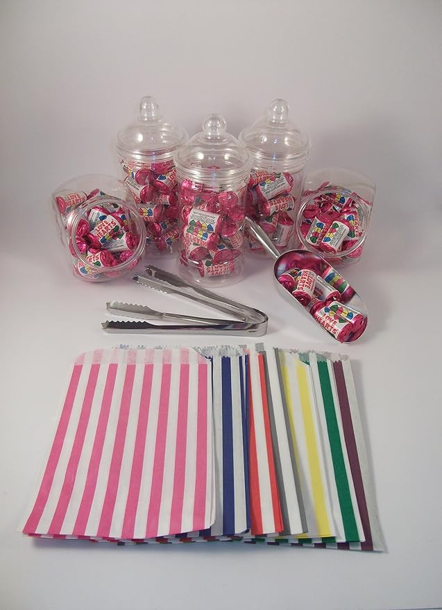 Candy Buffet Kit : x5 Plastic Jars, x1 Tong & x50 Candy Stripe 5"x7 ...