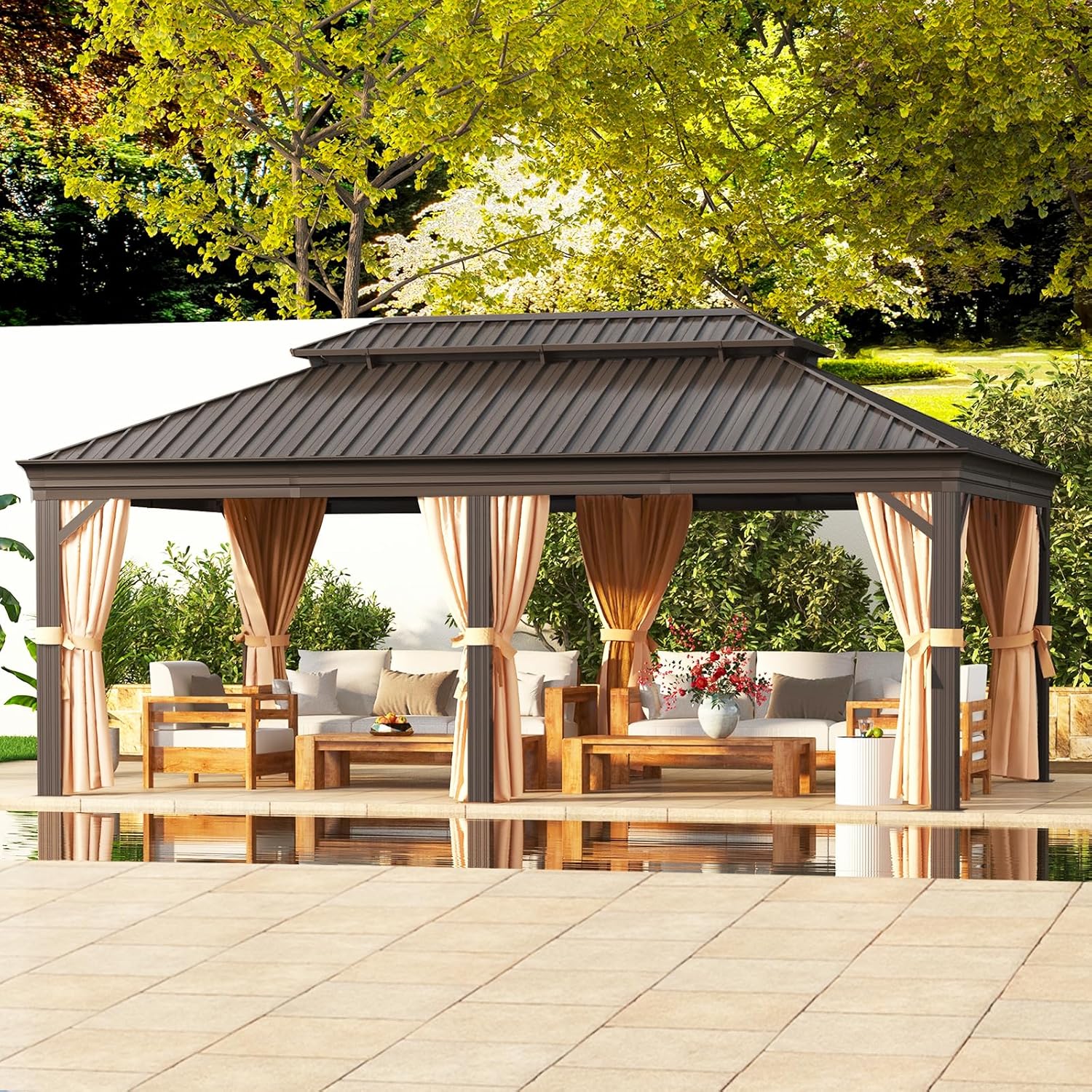 Aoxun Gazebo permanente de techo rígido de 12 x 20 pies con techo doble ...