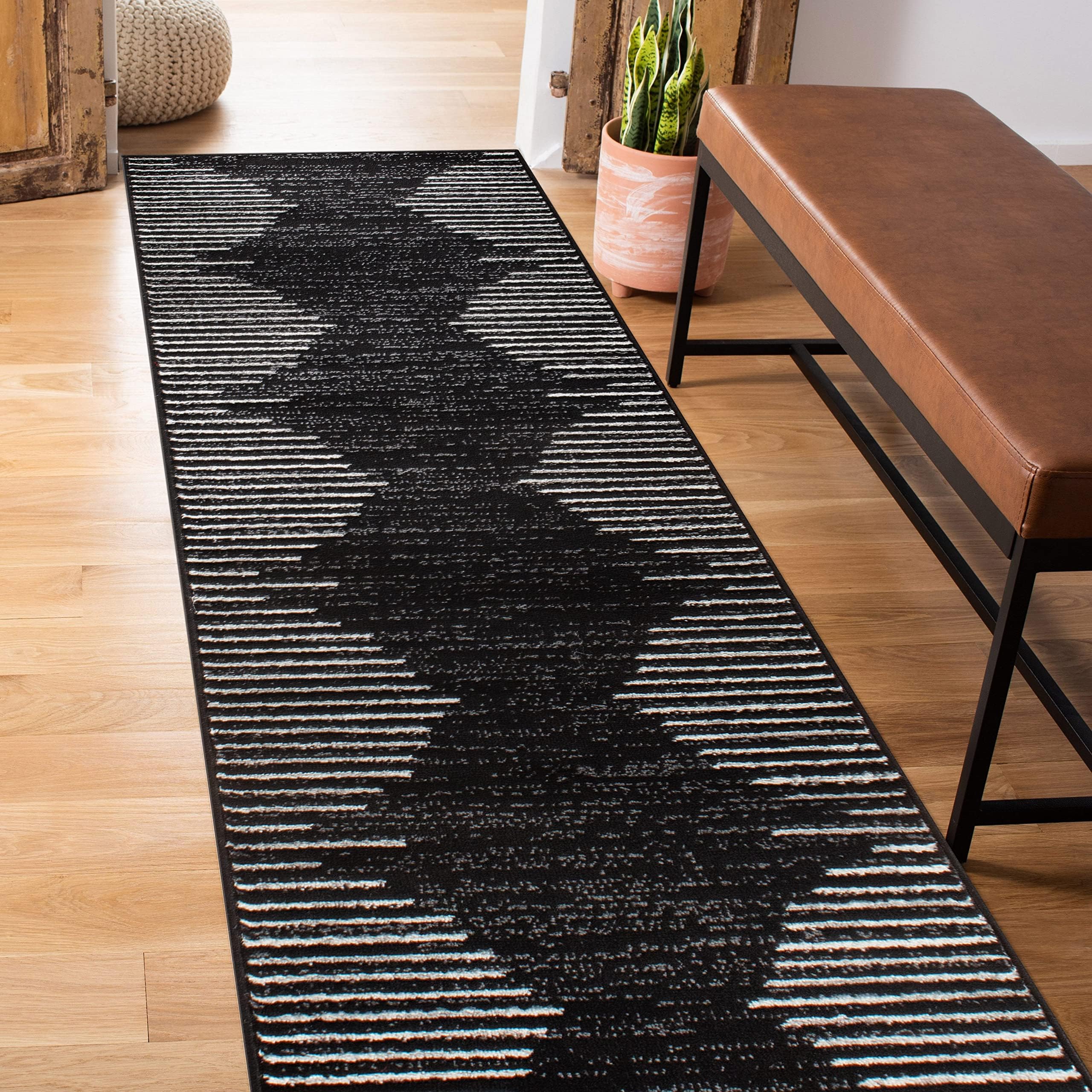 Amazon.com: Black and White Long Runner Rug for Hallway,Modern Stripe ...