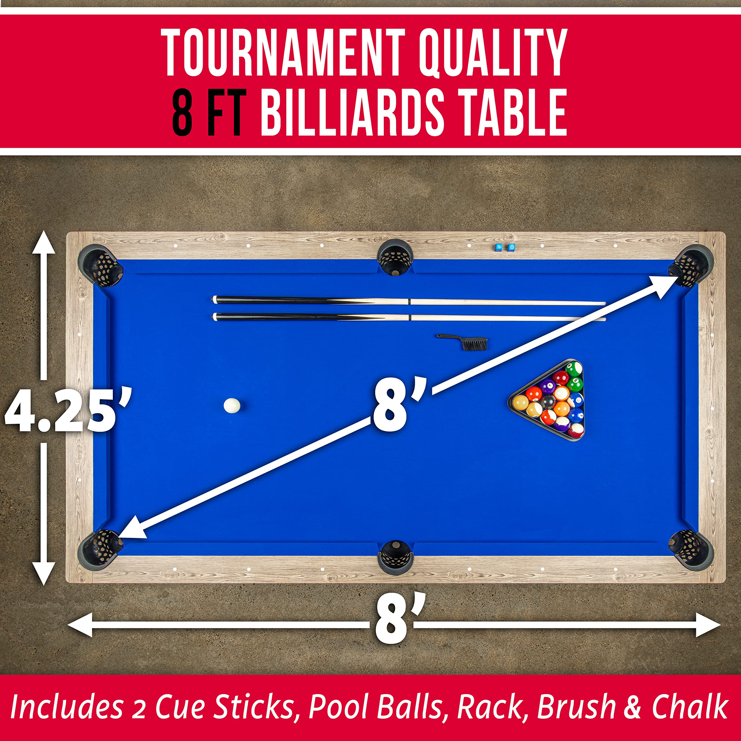 GoSports 8 ft Pool Table with Wood Finish - Modern Billiards Table with ...