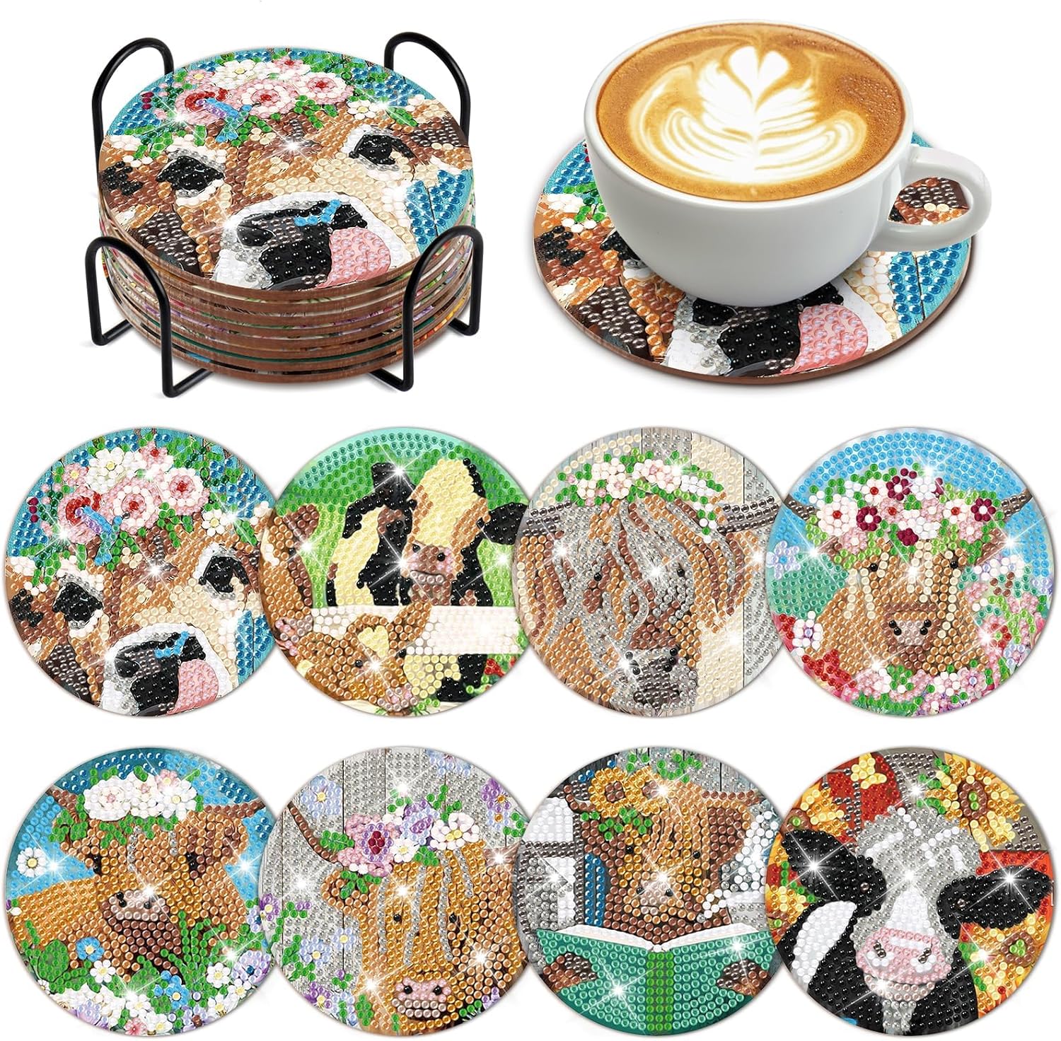 Amazon.com: 8 PCS Cow Diamond Art Coaster with Holder DIY Cow Diamond ...