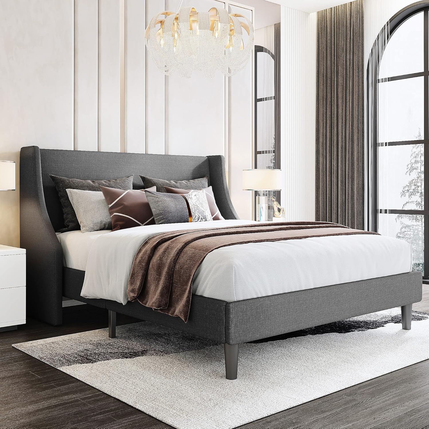 Amazon.com: WEEWAY Queen Modern Wingback Platform Bed Frame with ...