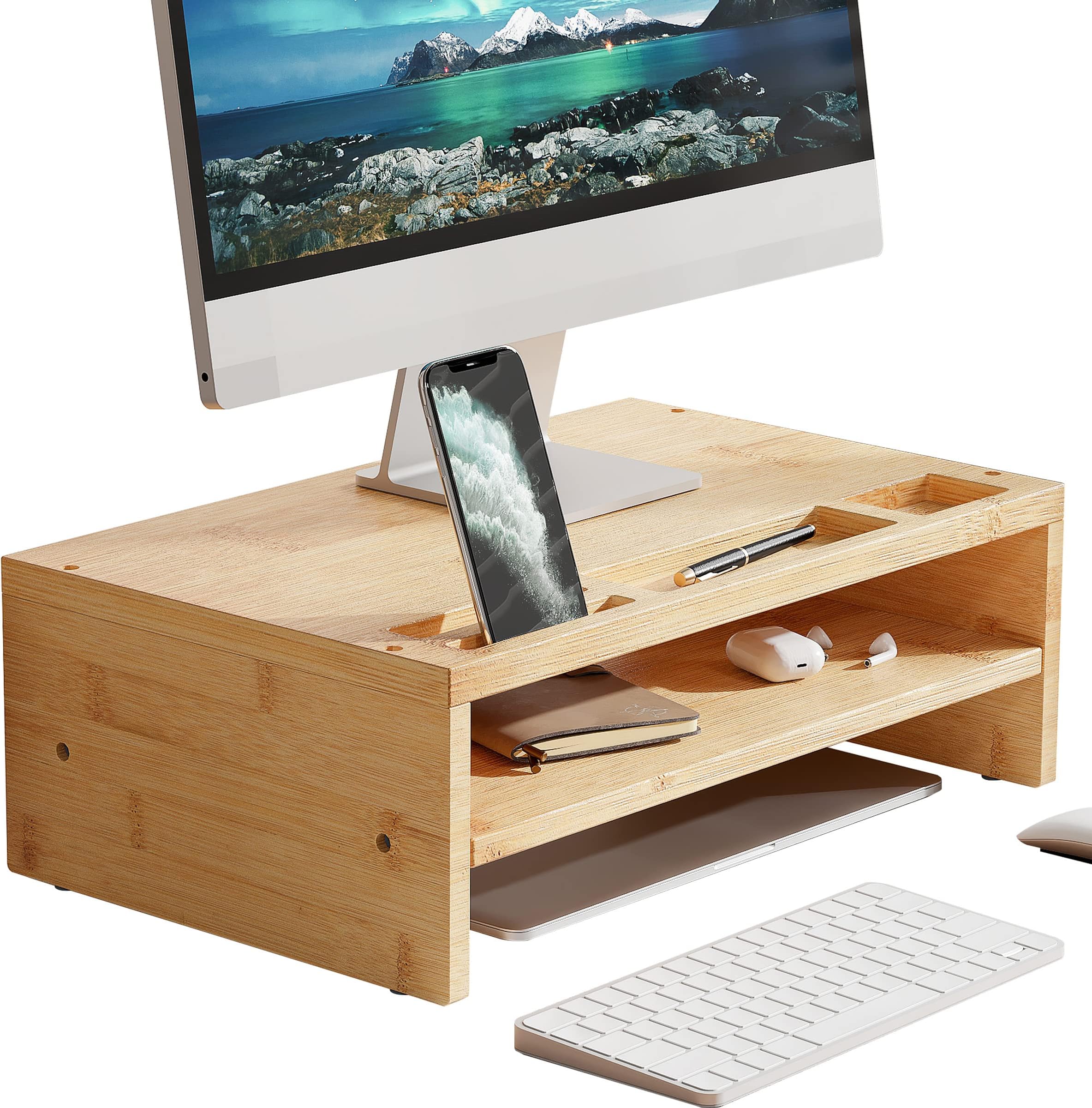 Amazon.com: Bamboo Monitor Stand - 2 Tiers Computer Monitor Riser with ...