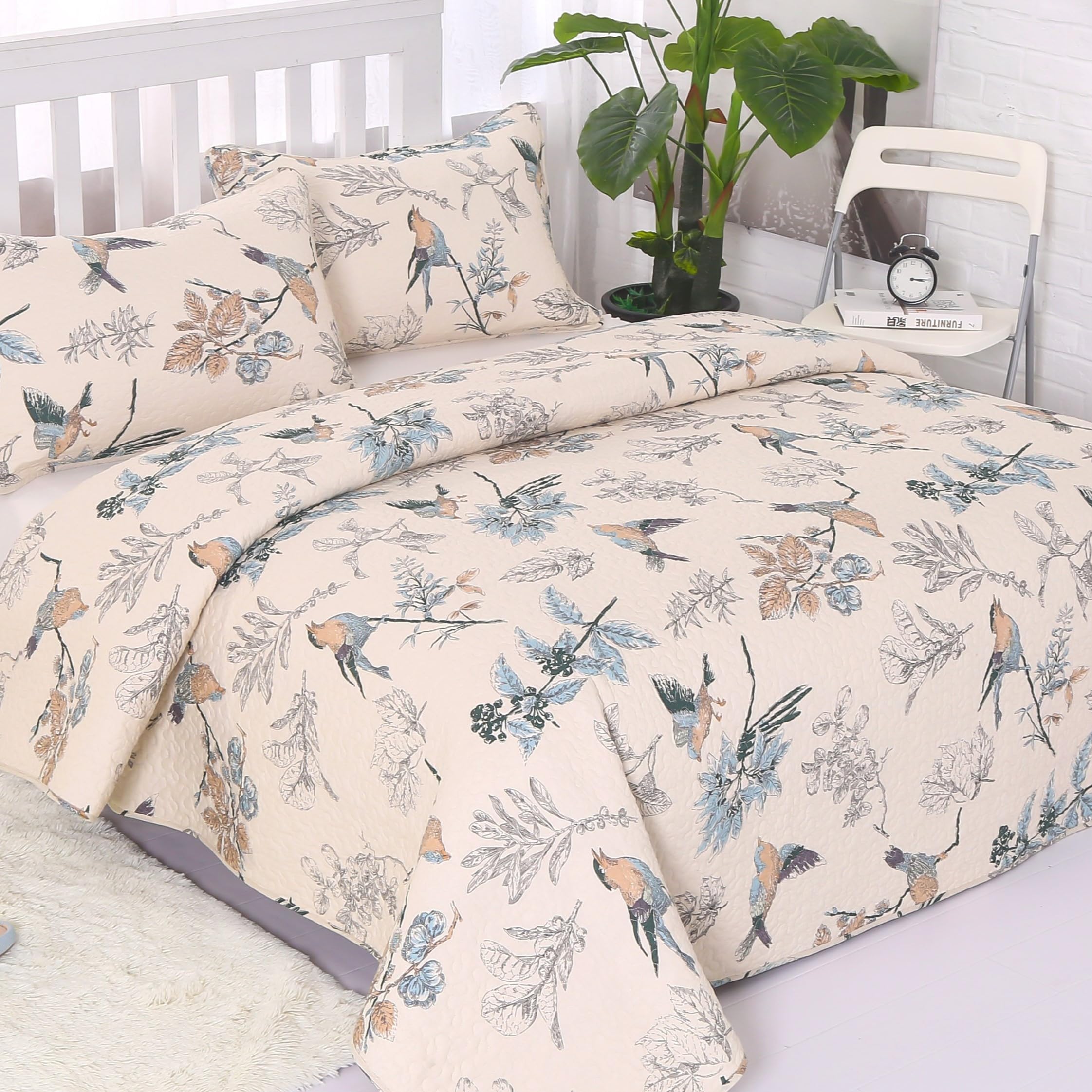 Amazon.com: Brandream Beige Quilts Queen Size Coverlet Set Birds ...