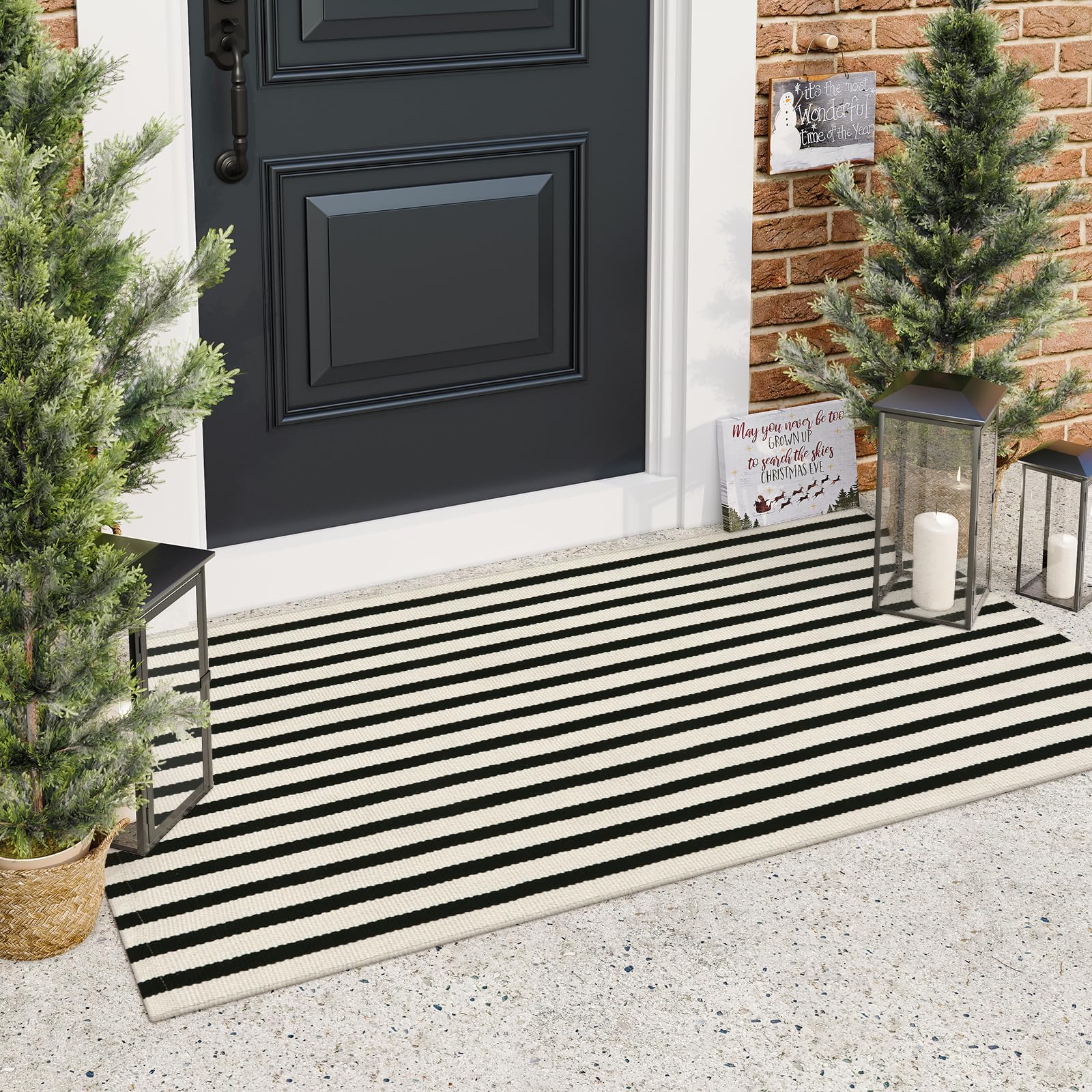 Amazon.com: Black and White Outdoor Rug, 2x4.3 Striped Front Door Rug ...