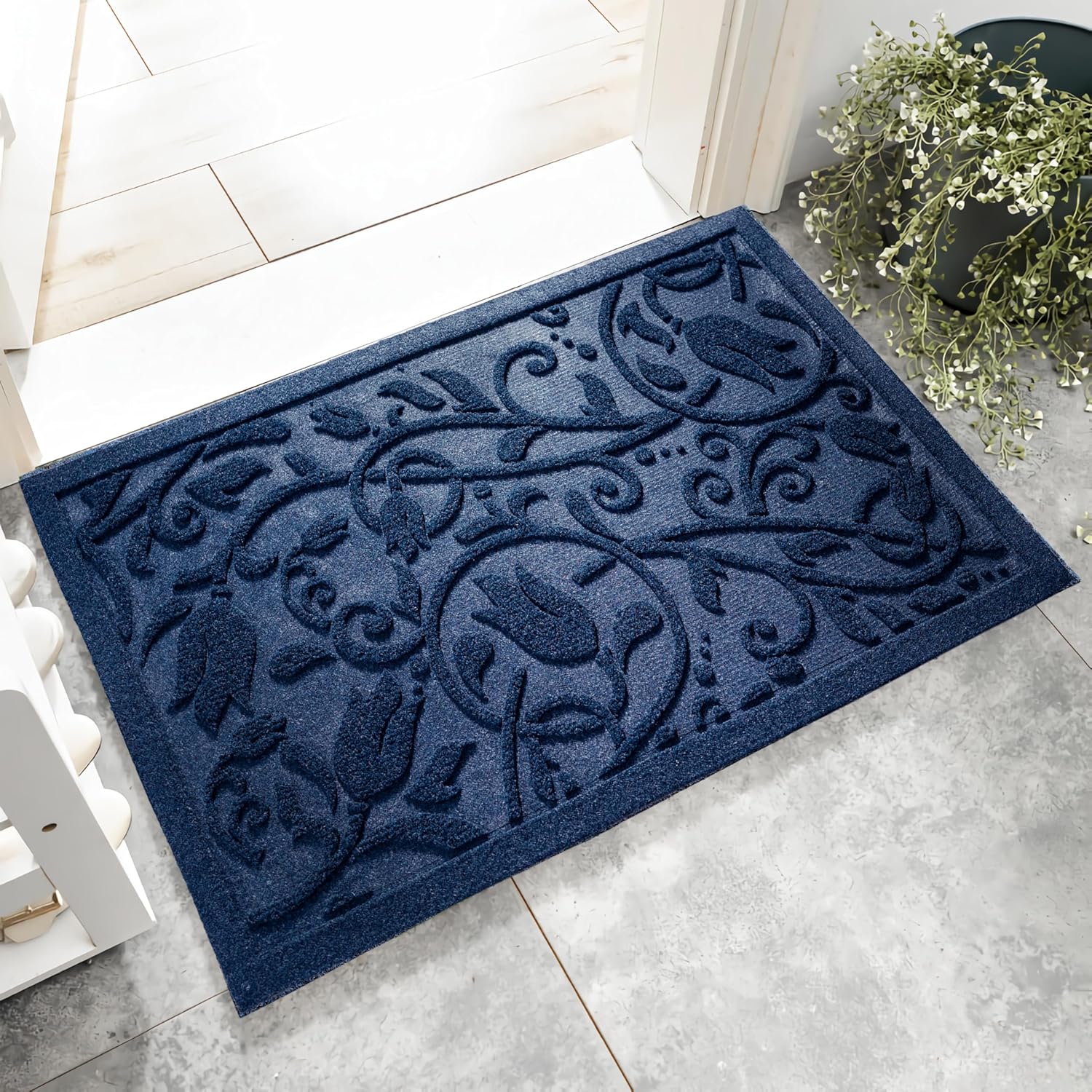 Boho Blue Floral Leaves Outdoor Indoor Entrance Doormats, Absorbent ...