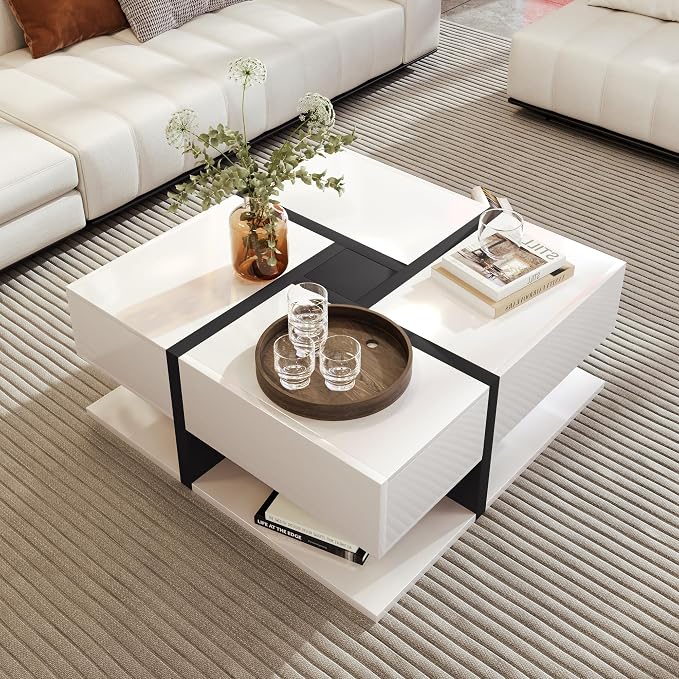 BTM Coffee Table with Storage, Square White Coffee Table with 4 Drawers ...