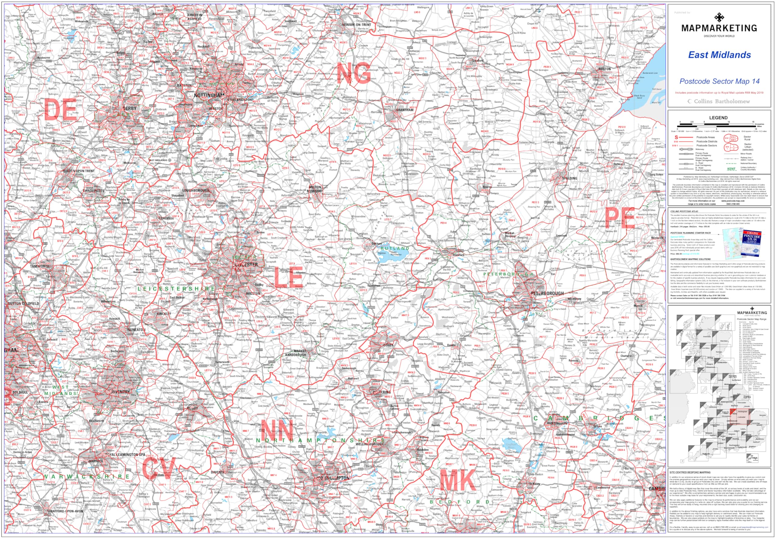 East Midlands - Postcode Sector Map 14 - Wall Map With Motorway, A ...