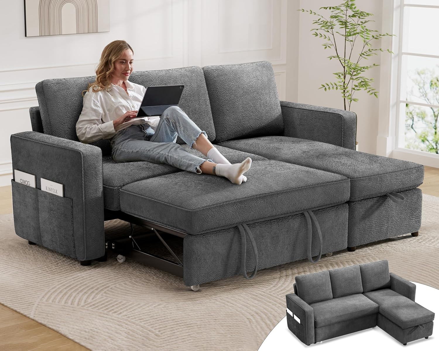 Amazon.com: Vipbear 81" Sleeper Sofa Bed with Pull Out Bed, L Shaped ...