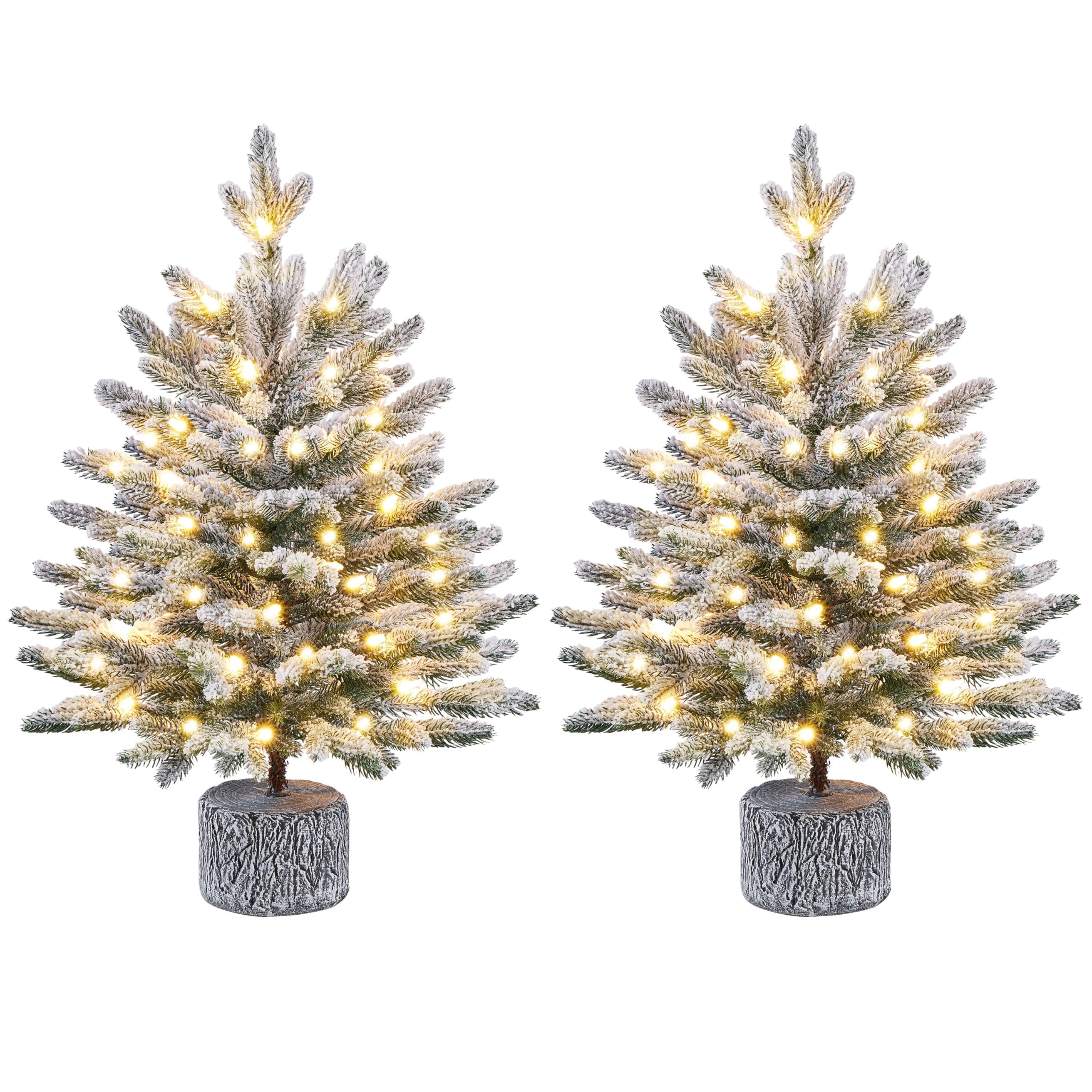 Amazon.com: Yaheetech 2Pcs Pre-lit Potted Flocked Christmas Tree, 2FT ...