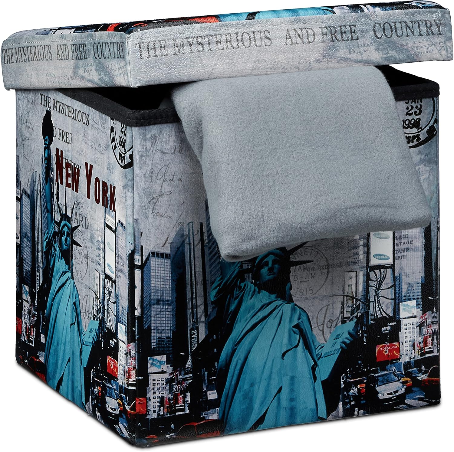 Relaxdays "New York Cube Folding Seat Box Ottoman with Trendy Motifs ...