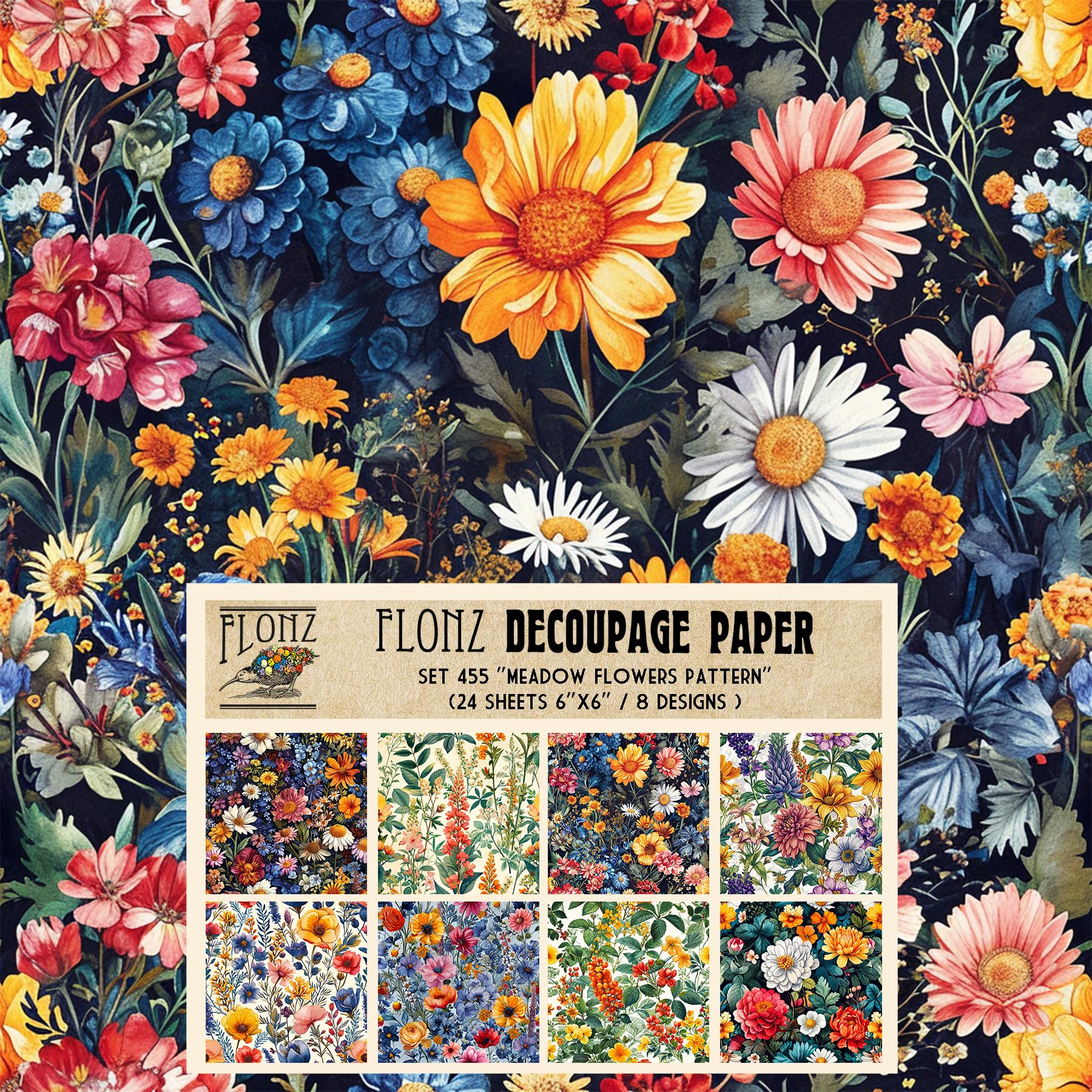 Amazon.com: Decoupage Paper Pack (24 Sheets 6"x6") Meadow Flowers ...