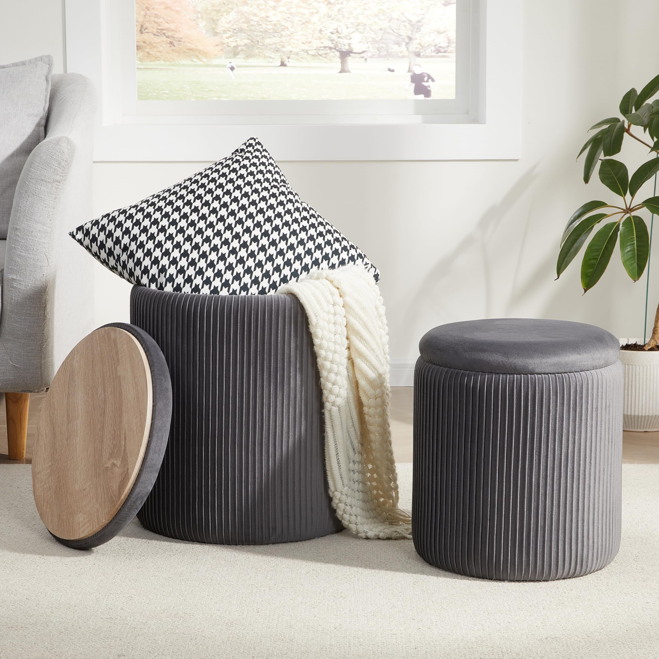 Amazon.com : Techni Mobili Velvet Round Ottoman with Storage, Footrest ...