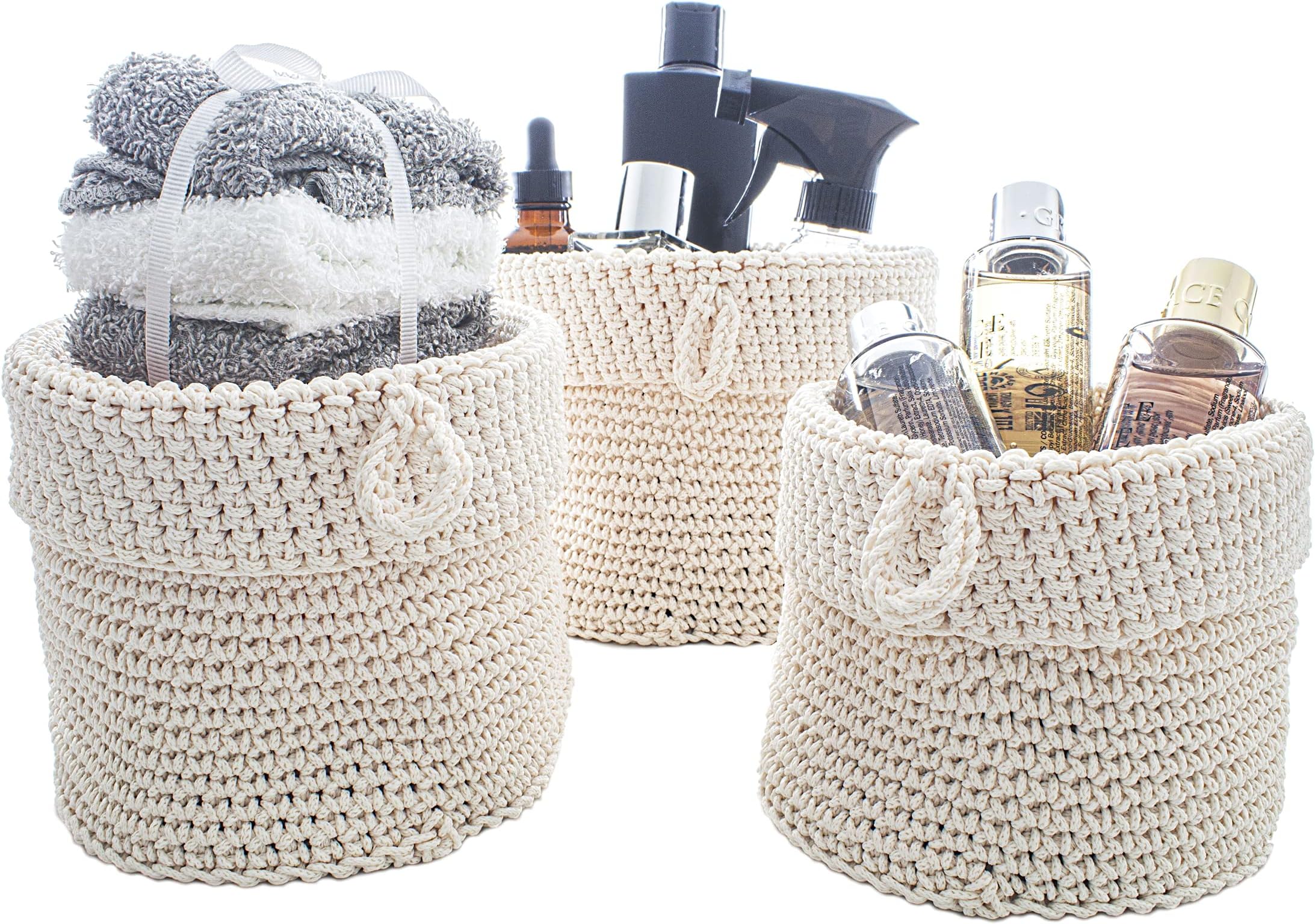 Cestini di stoccaggio rotondi, set da 3, cestini di stoffa, design a ...