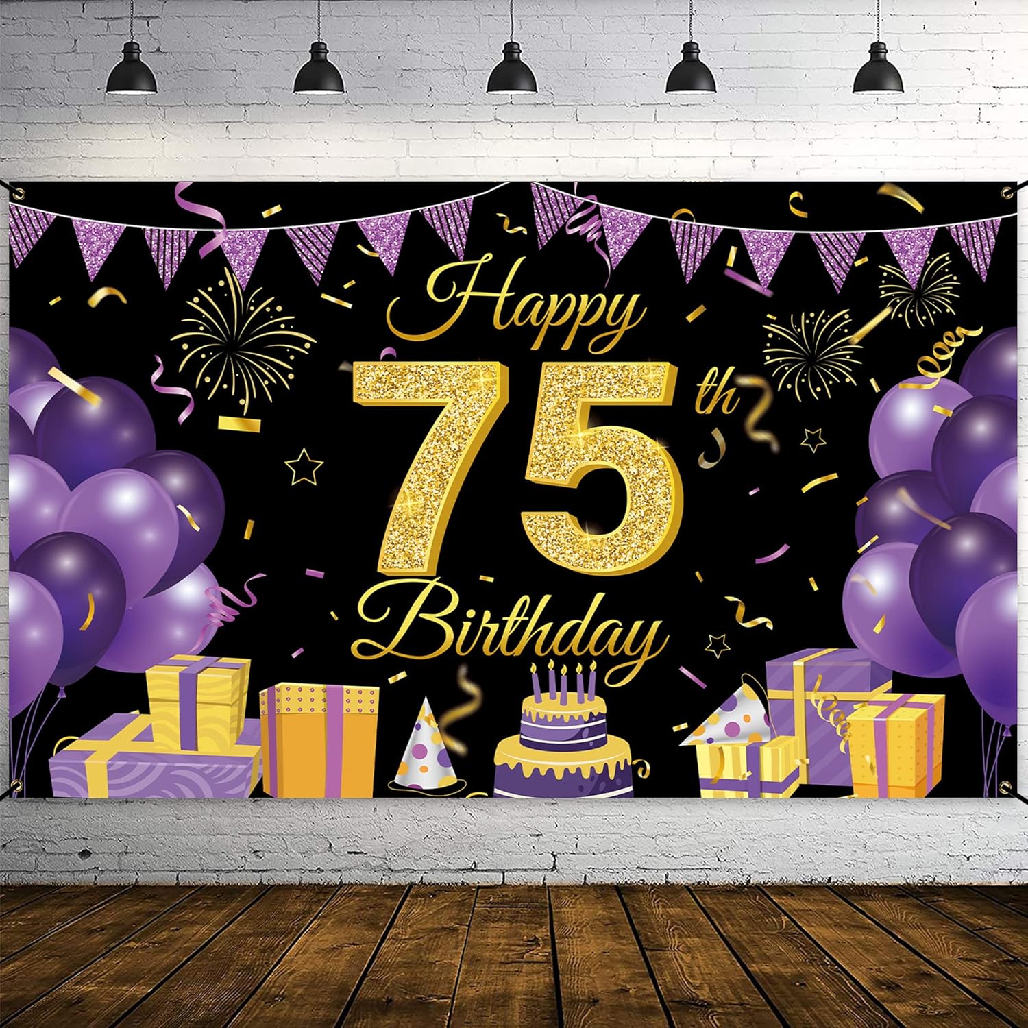 Amazon.com: Wiipenex Happy 75th Birthday Banner Purple Black and Gold ...