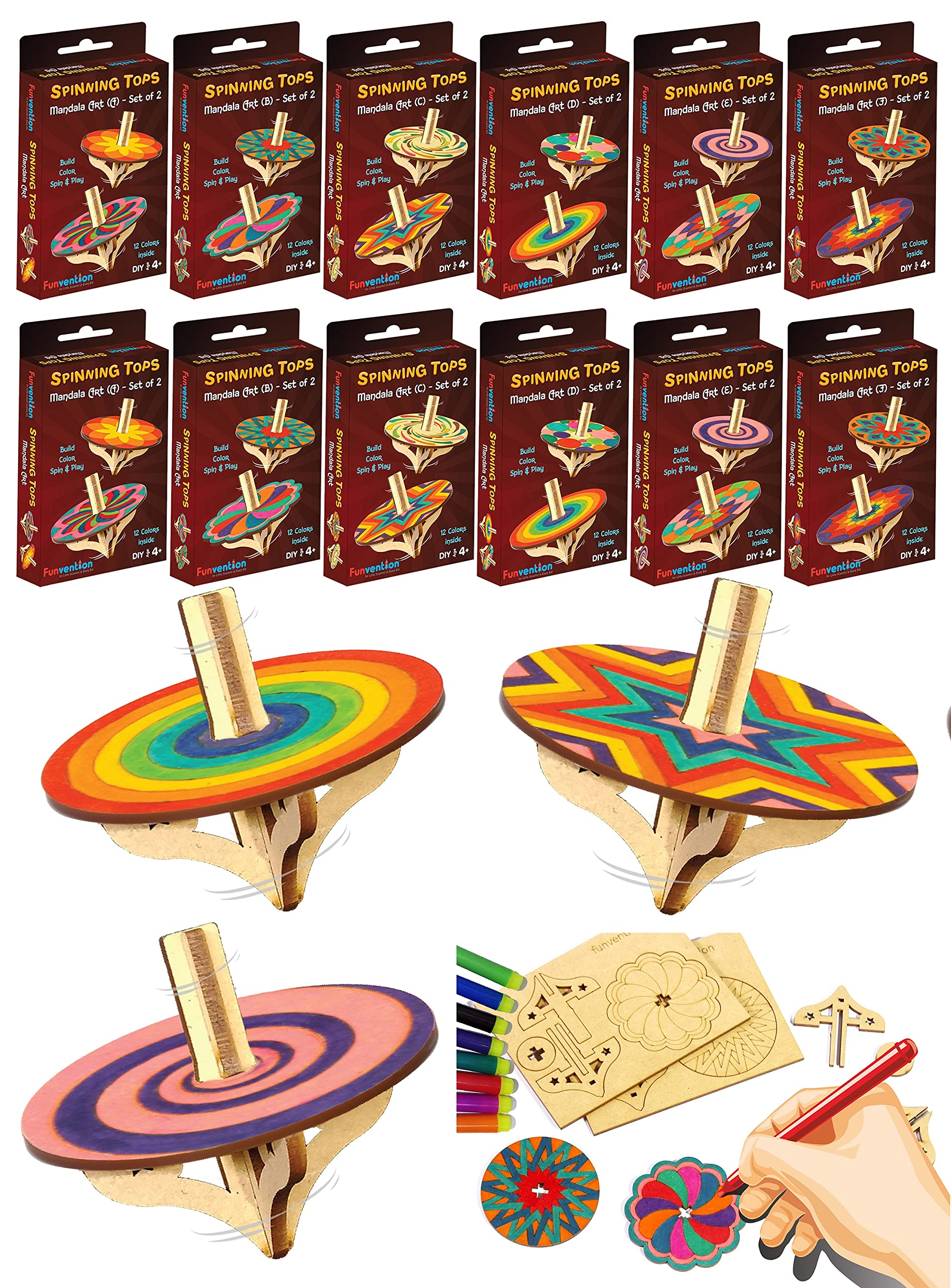 Buy Funvention DIY Spinning Top Kits (Mandal Art) Pack of 12 - Build ...