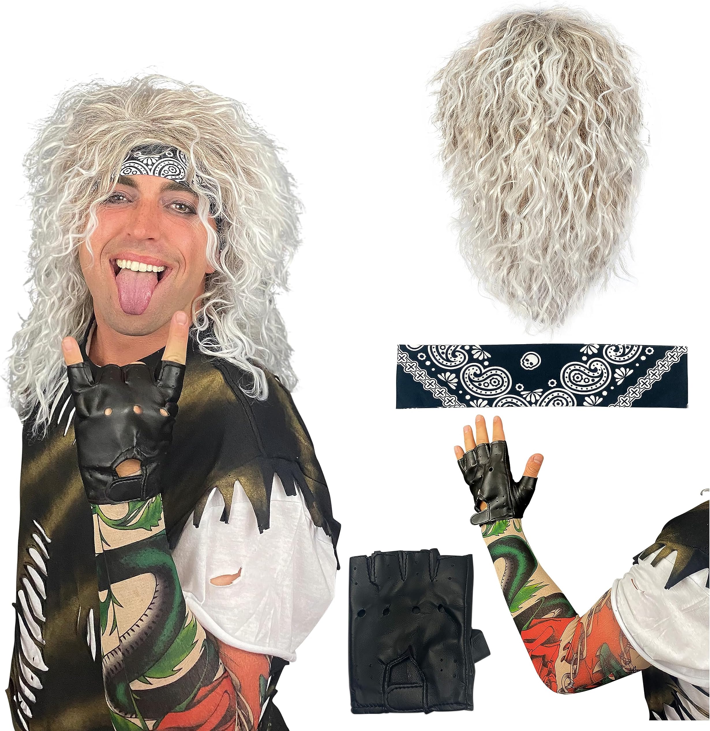 Amazon.com: Hmxpls 80s Hair Metal Rocker Costume Set - Glam Rock Wig ...