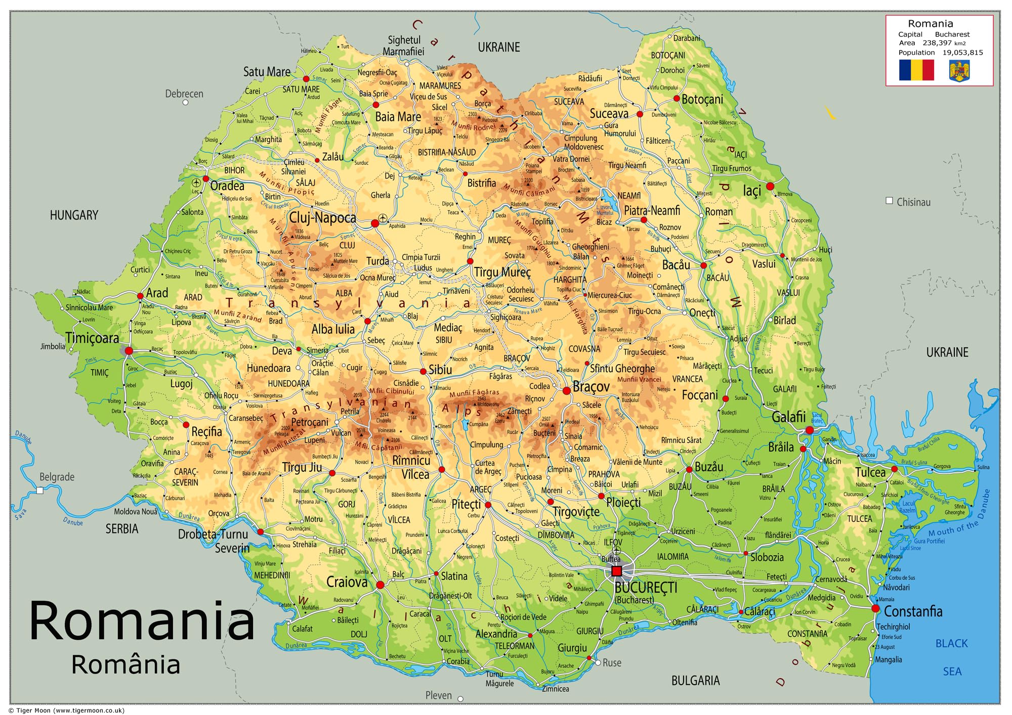 Physical Map of Romania - The Oxford Collection - Size A1 - Paper ...