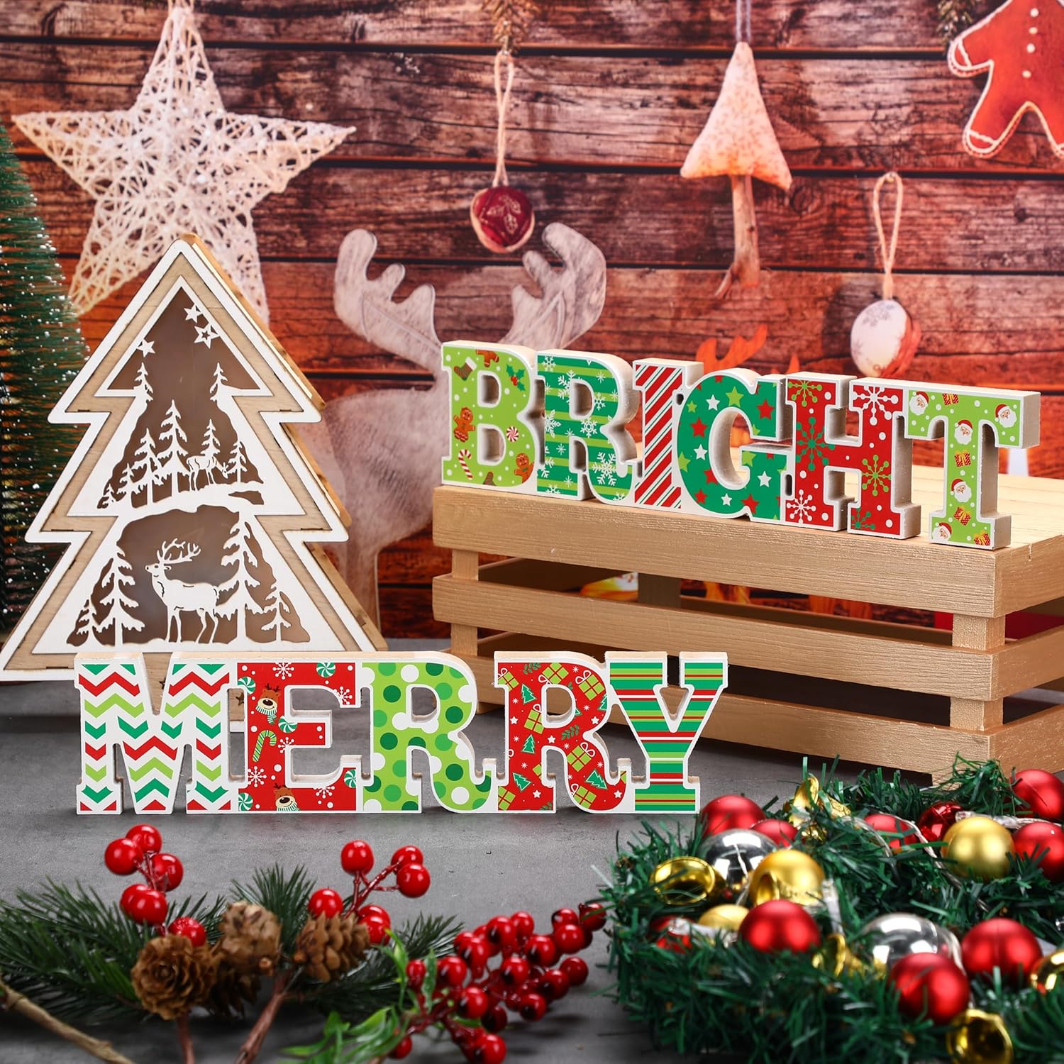 Amazon.com: Blulu 2 Pcs Christmas Table Decorations Merry Bright Table ...