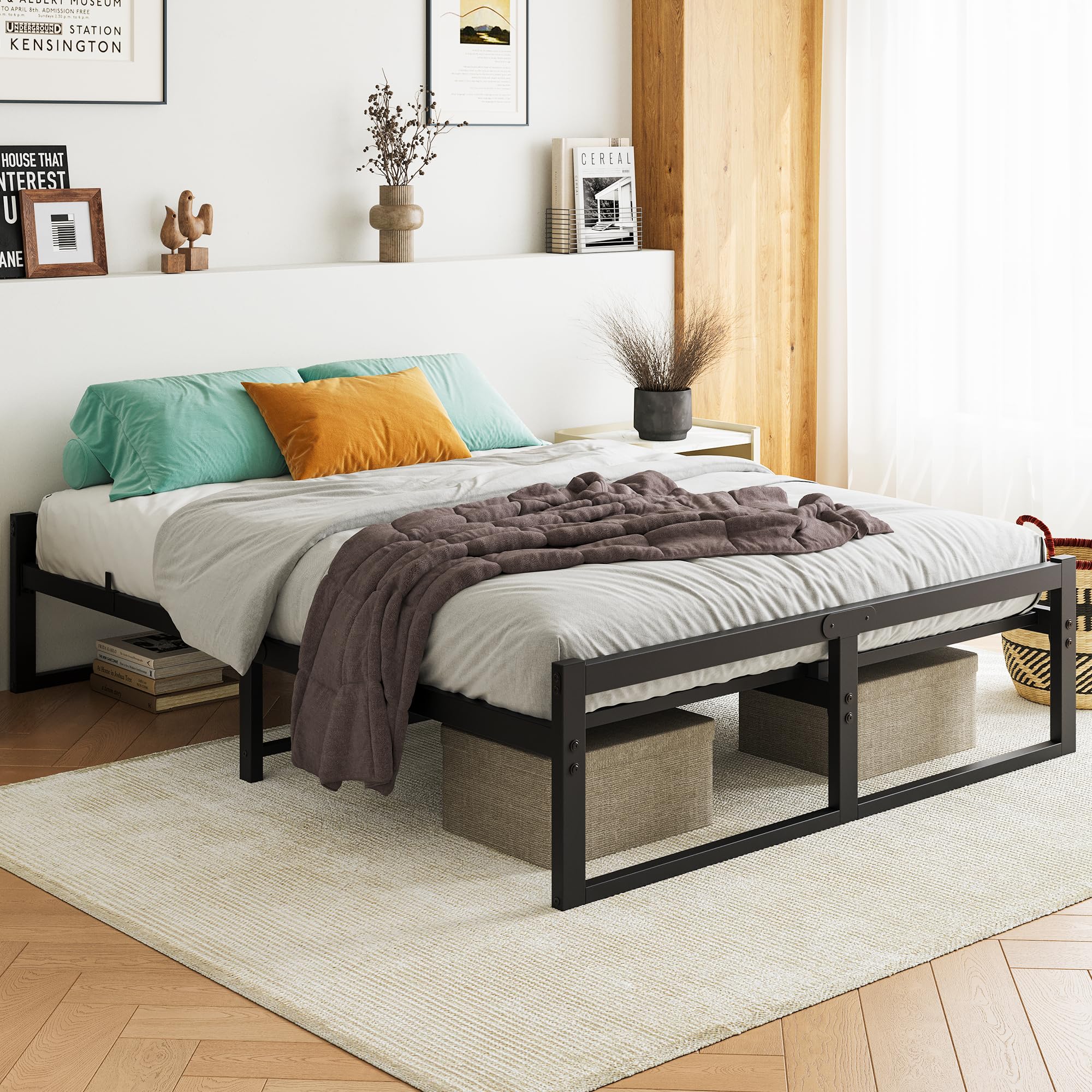 ZGEHCO Queen Bed Frame No Box Spring Needed with Storage, Metal ...