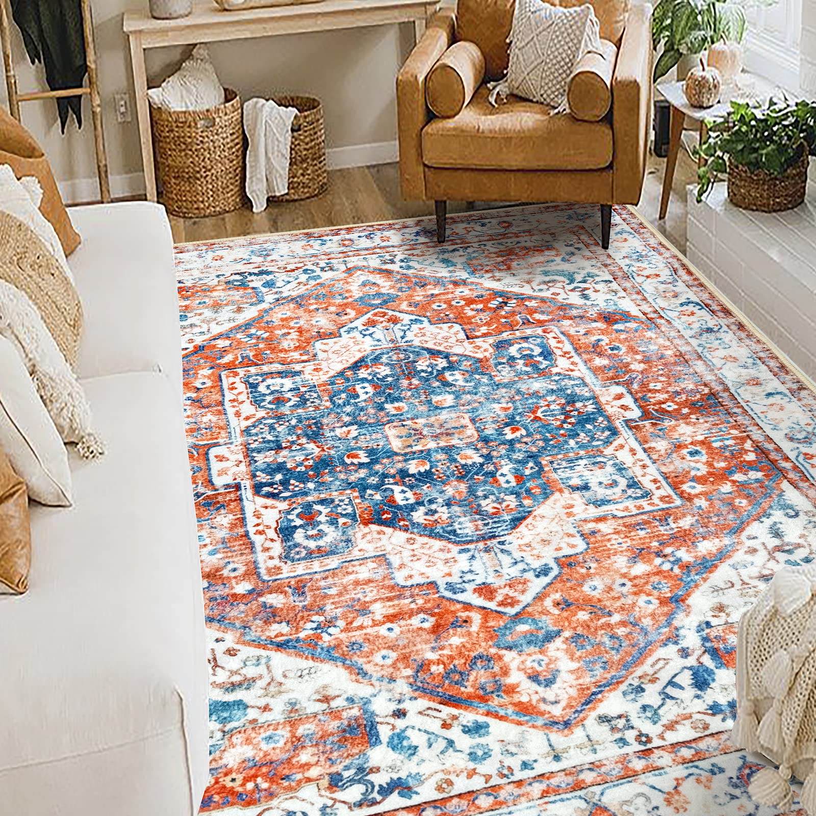 FOFARY 3'x5' Orange Vintage Rug Washable Area Rugs for Living Room ...