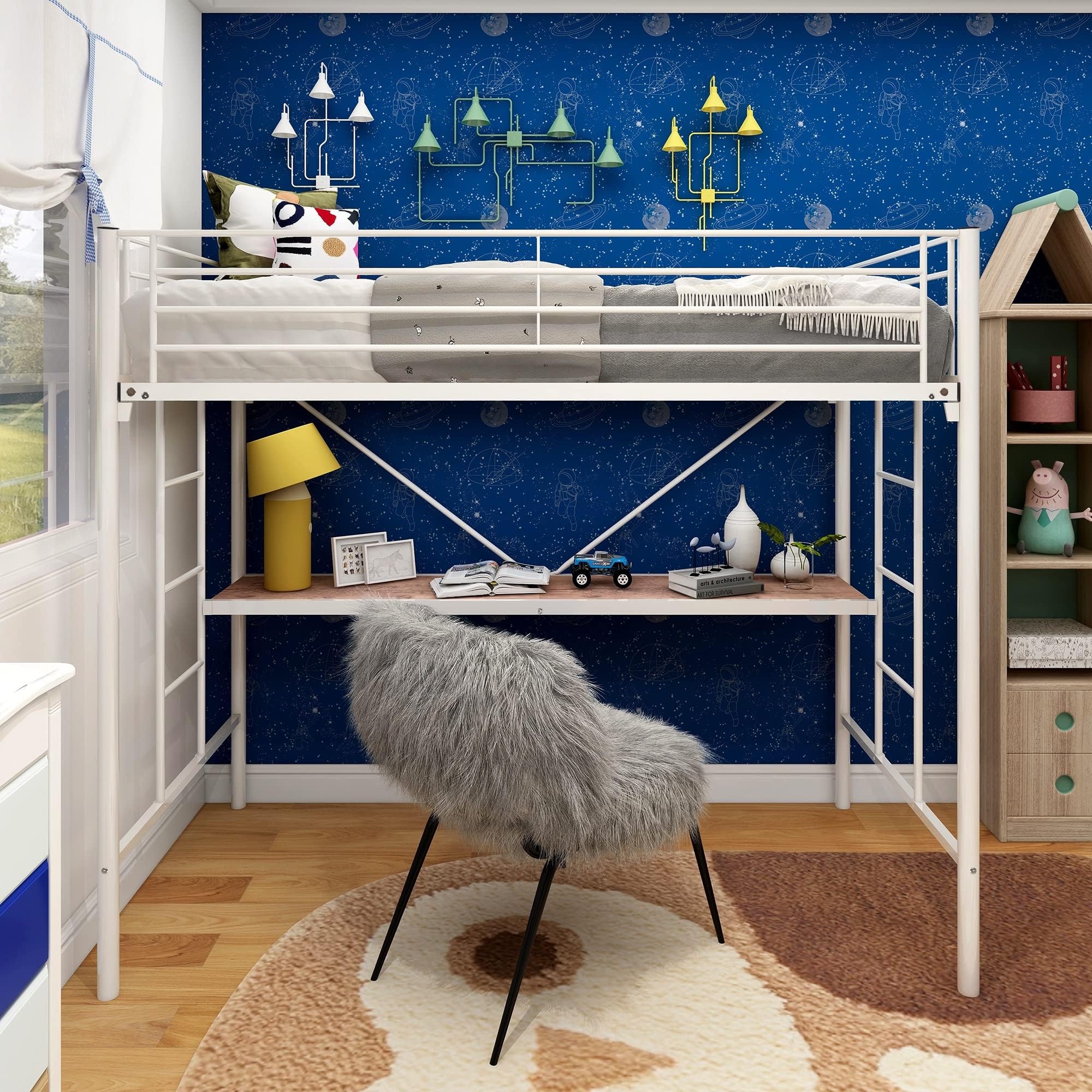 Loft Metal Bunk Bed Over Desk with Ladder Safety Rails Black Finish ...