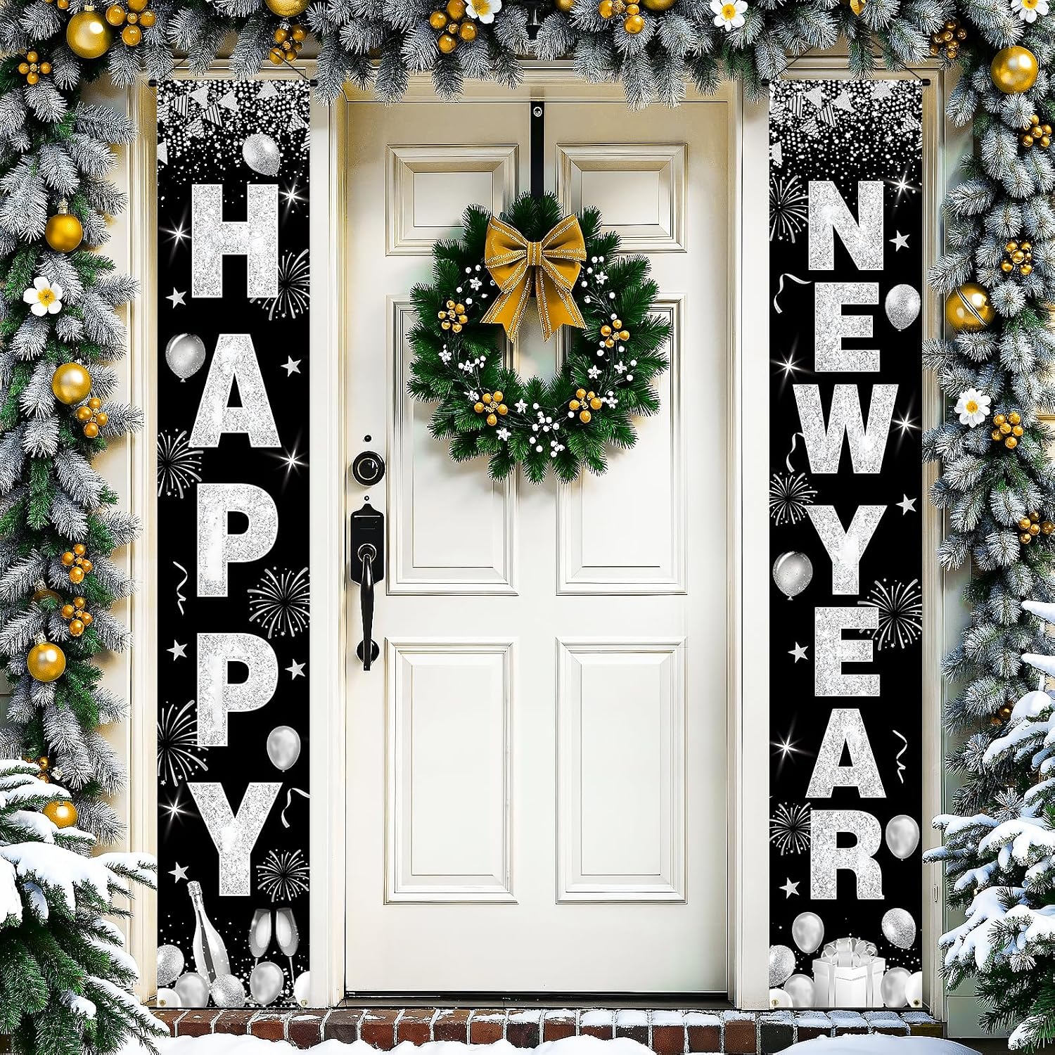 Amazon.com: 2Pcs Happy New Year Porch Sign Banner, Black Silver New ...