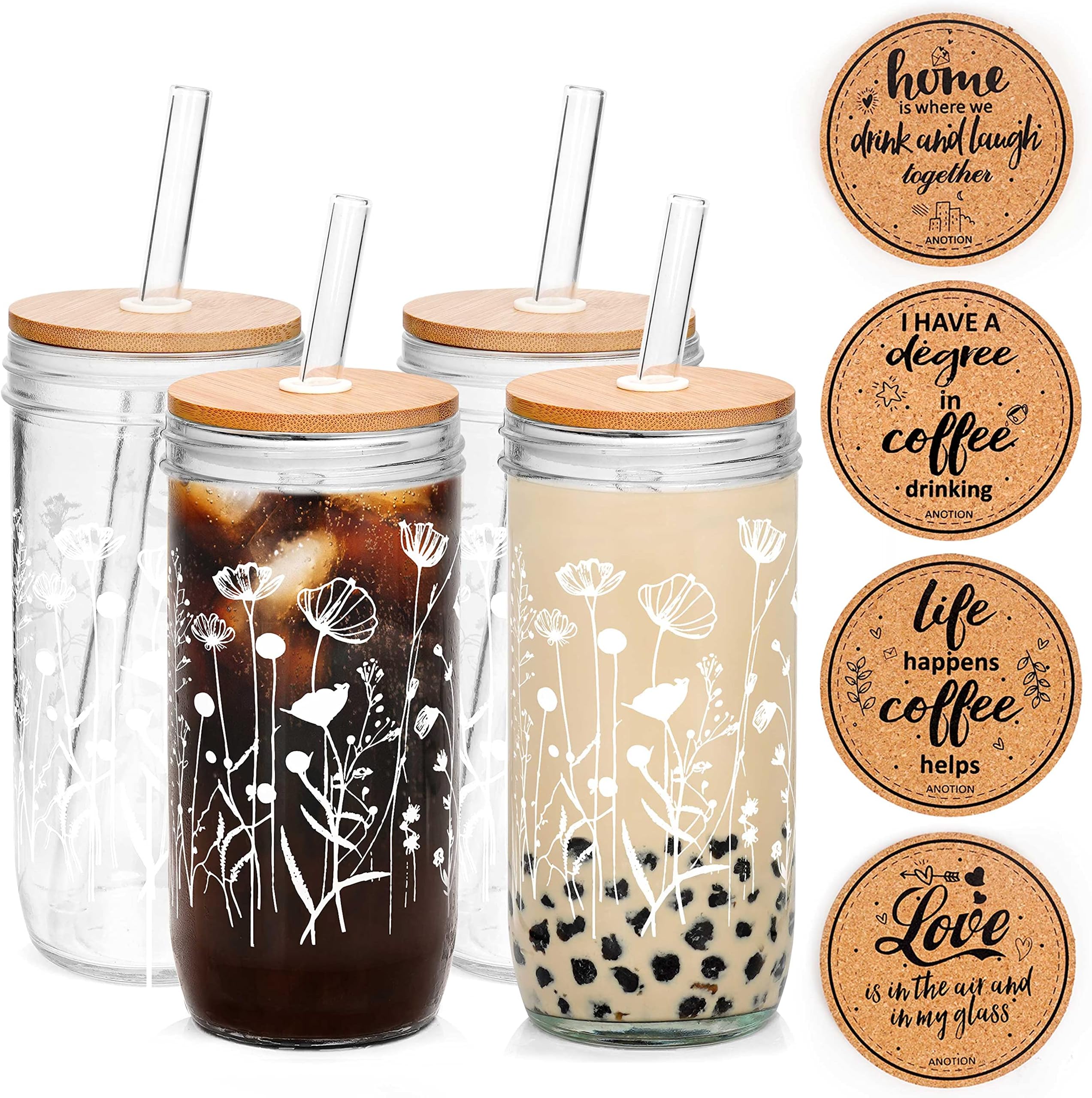Amazon.com: ANOTION Cute Glass Cups with Lids and Straws, Mason Jars ...