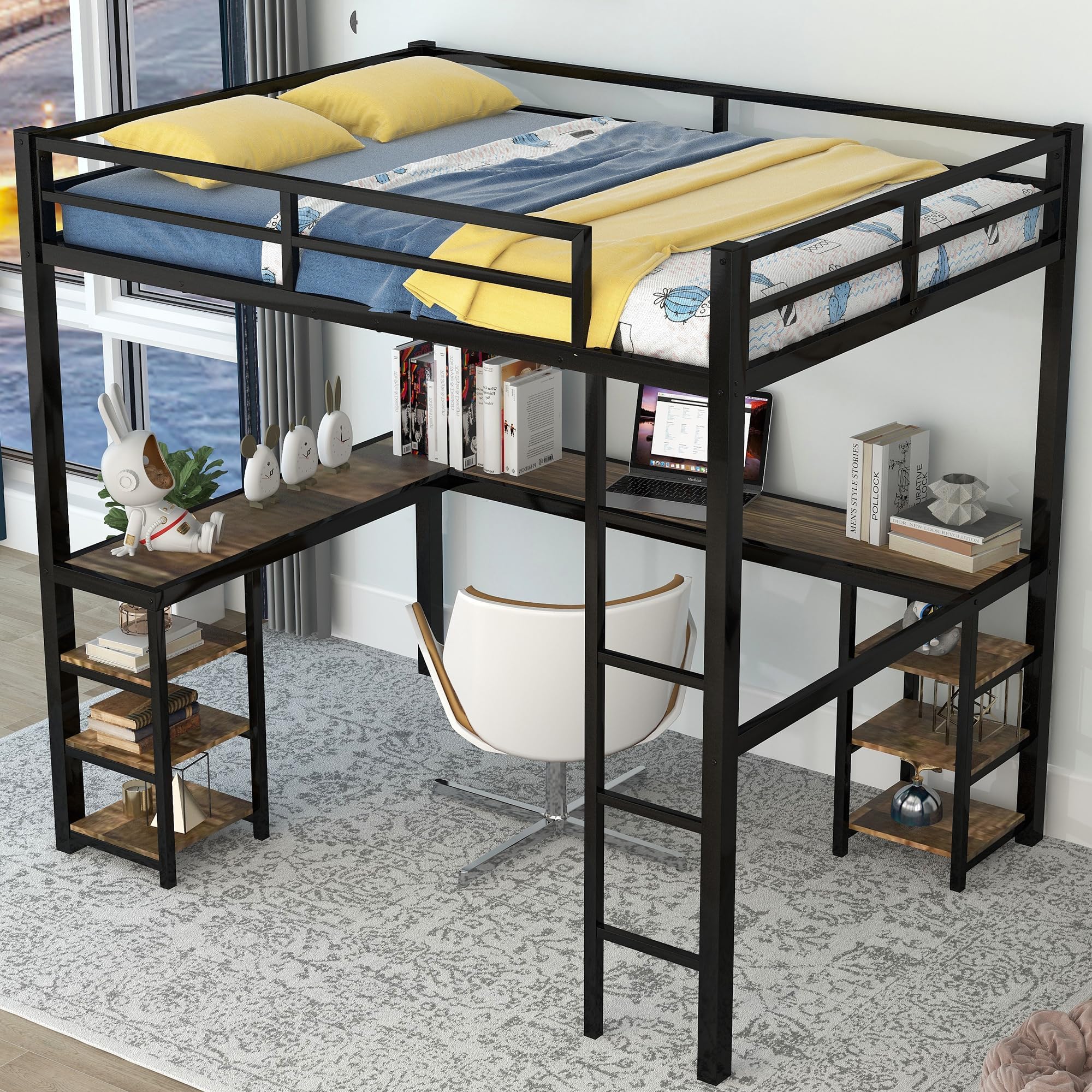 Amazon.com: Full Size Loft Bed with Desk and Storage Shelves, Heavy ...