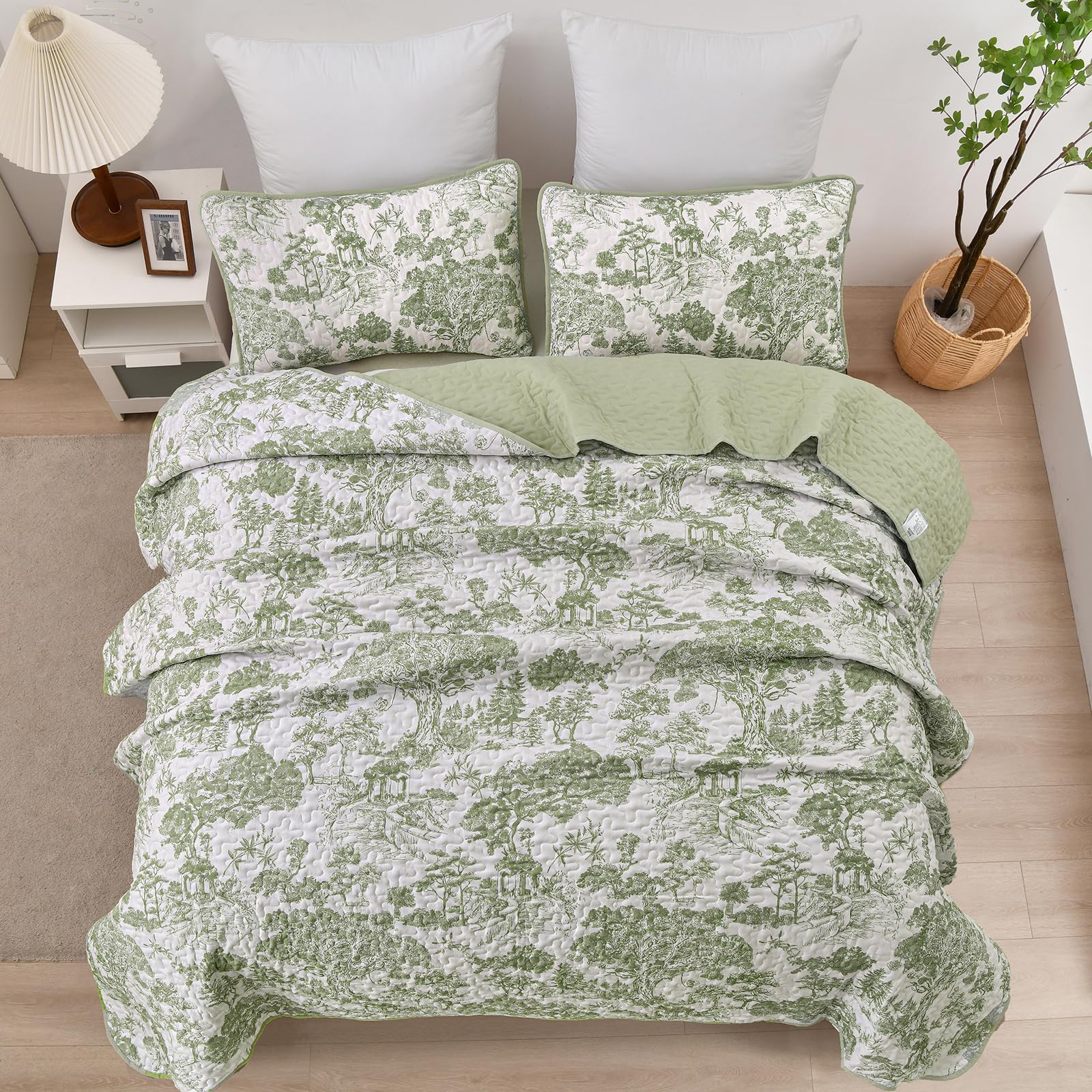 WONGS BEDDING Botanical Quilt Set Queen Size, Sage Green 3 Pieces ...